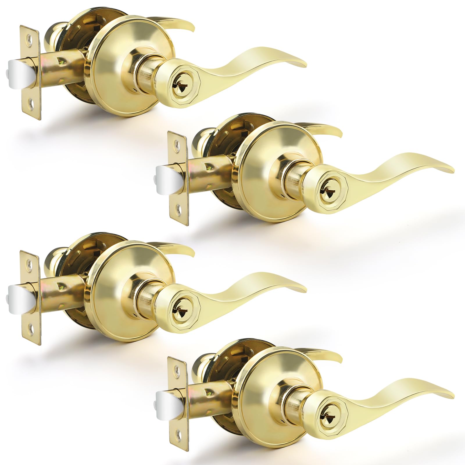 EHOMEWARE 4 Pack Polished Brass Door Levers with Lock and Key, Gold ...