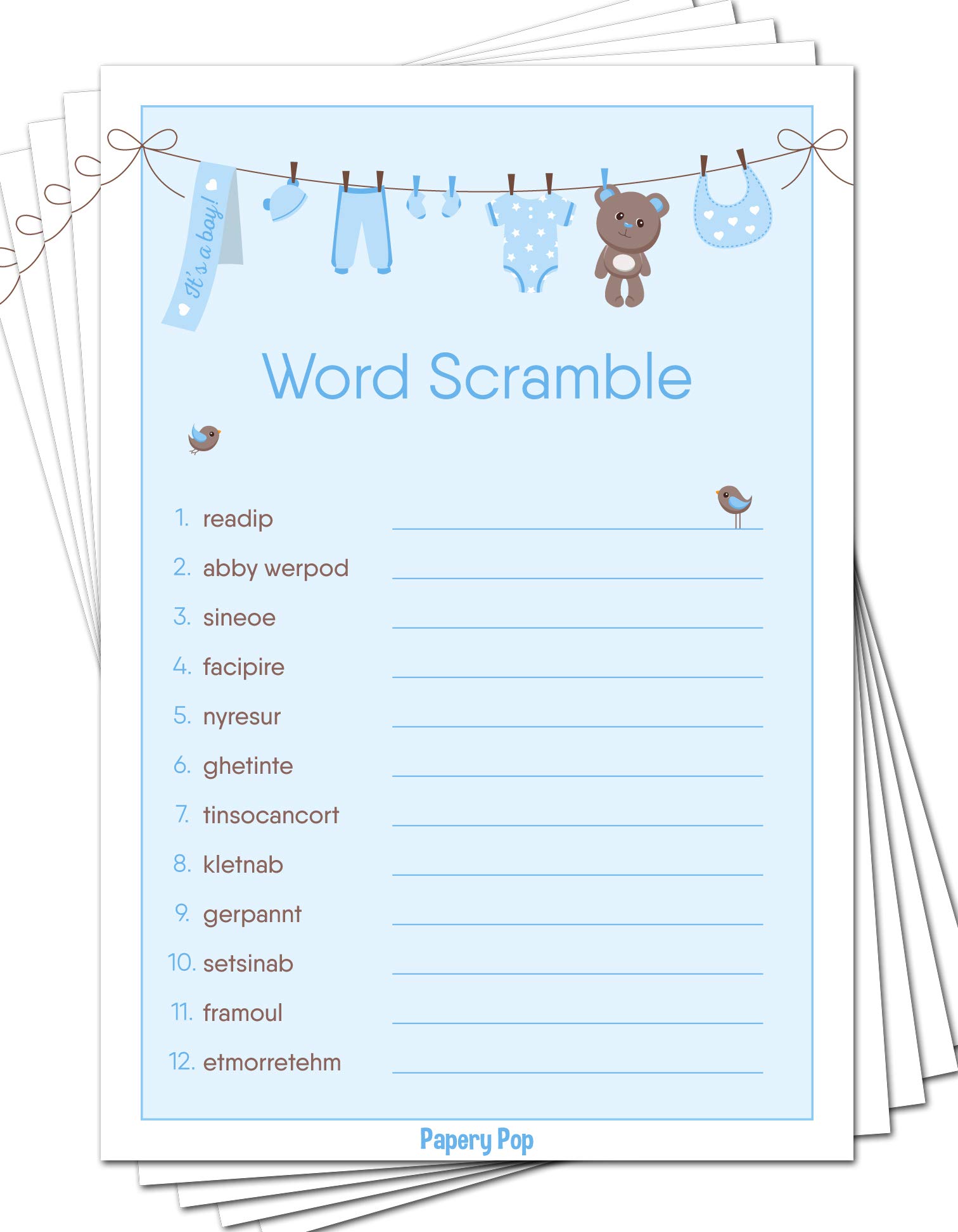 Baby Word Scramble Printable Download Blue Gray Baby Shower Game B3004 