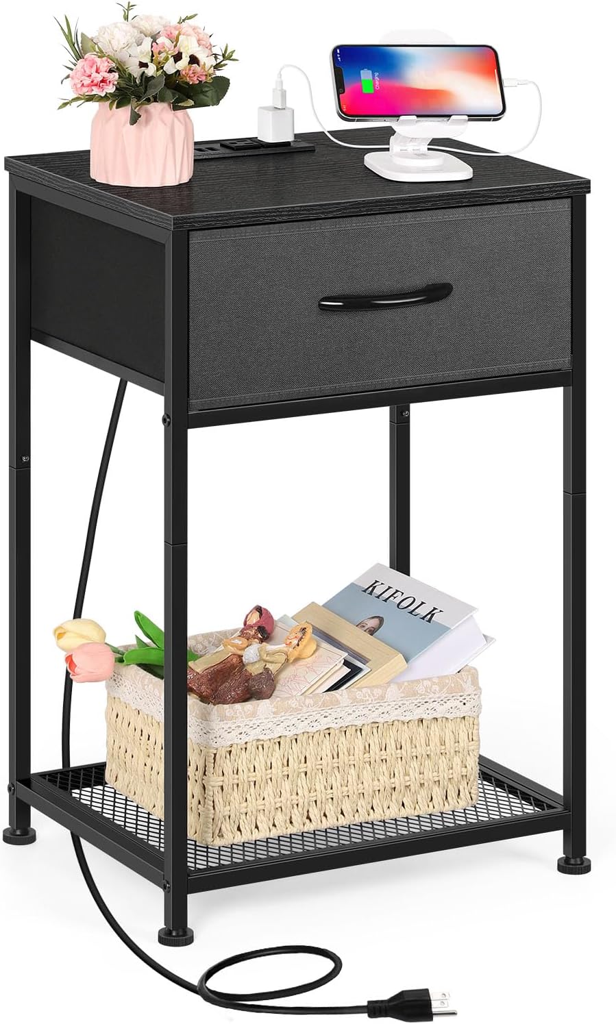 Amazon.com: smusei Black Night Stand with Charging Station Bedroom ...