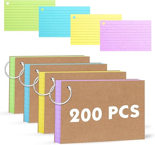 Qcdou Flash Cards, 200Pcs Revision Cards with 4 Binder Rings, Coloured ...