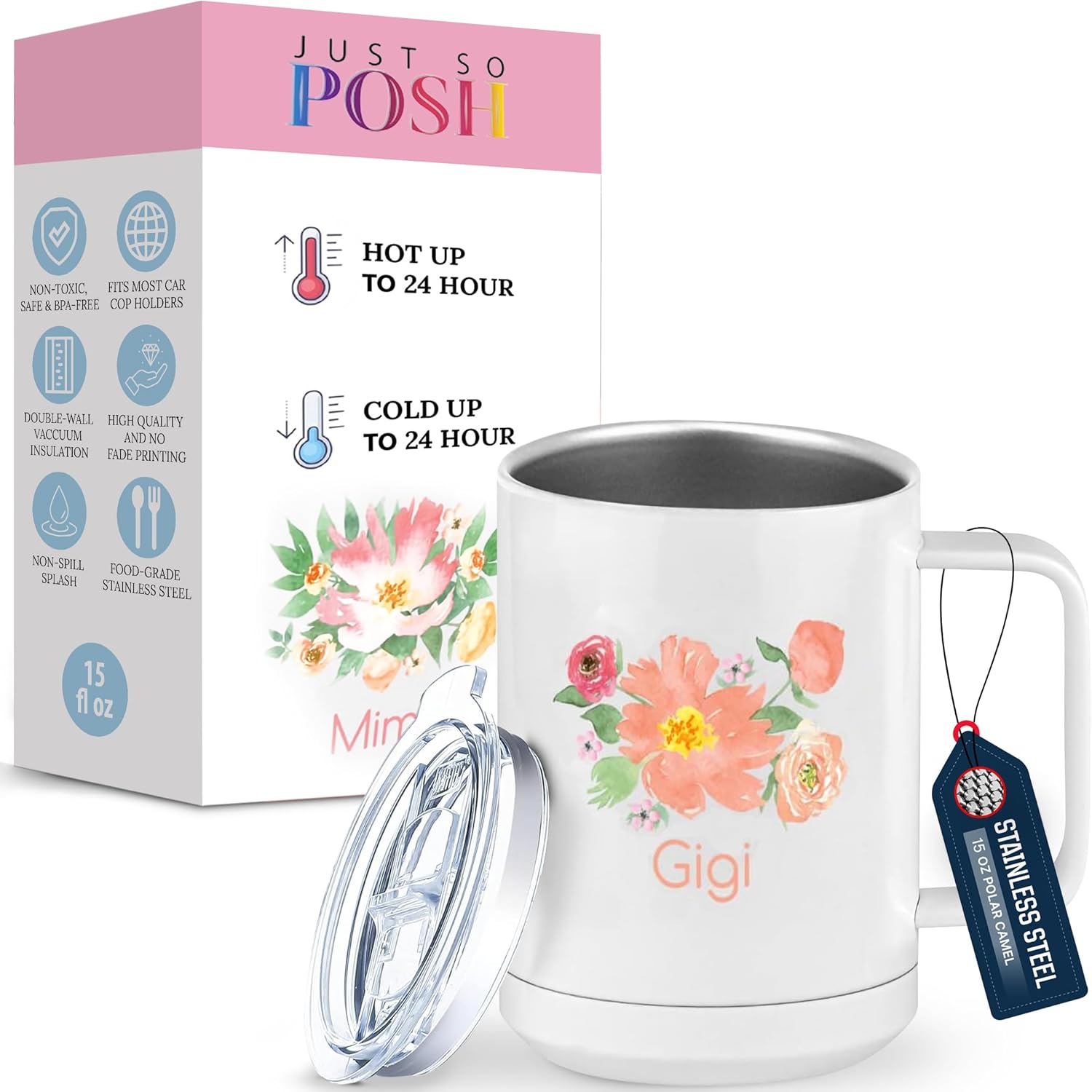 Amazon.com | Just So Posh Gigi Flowers Tumbler, Coffee Mug with Handle ...