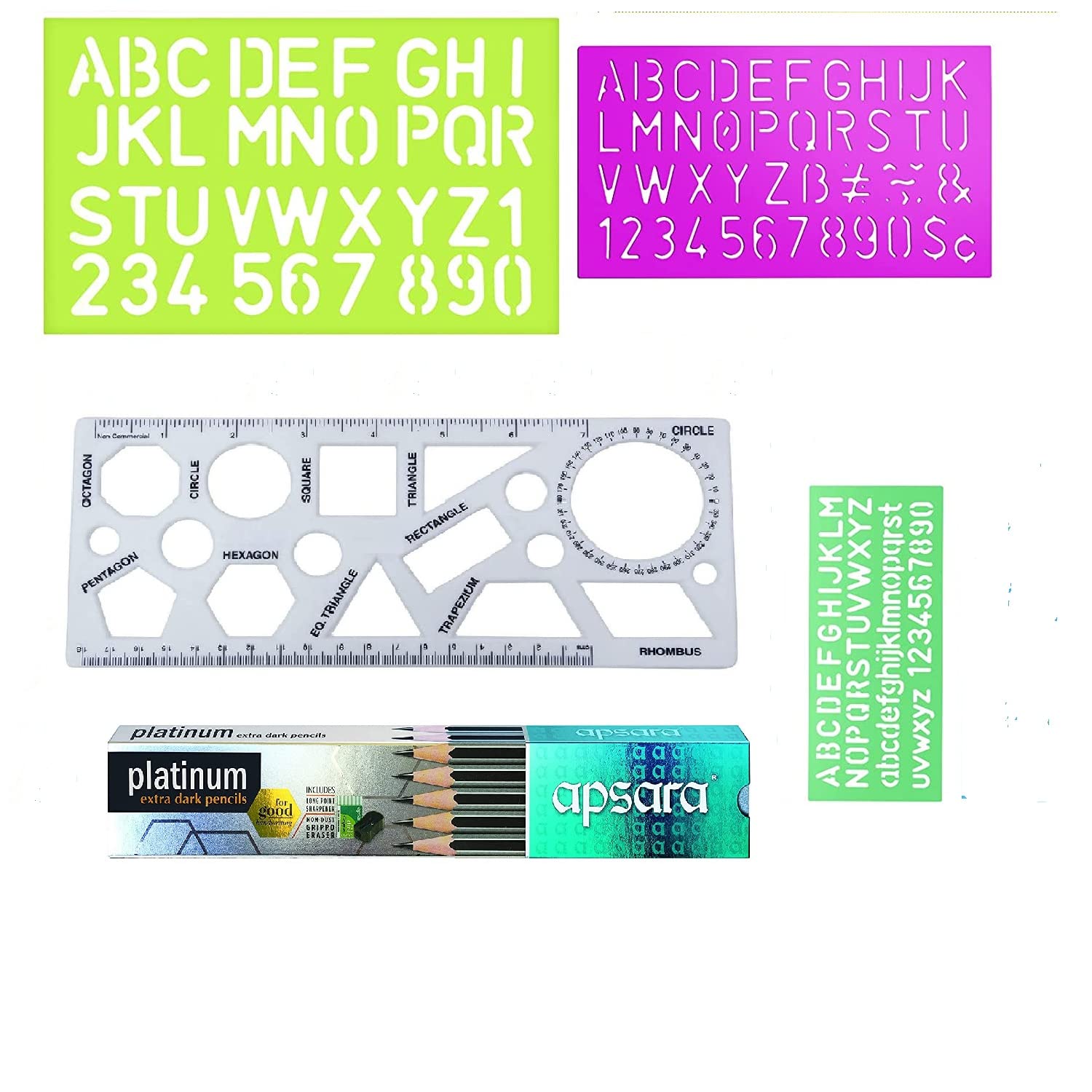 Denmaa-Alpha Lettering and Geometry Set Inbuilt Scale Ruler Stencil ...