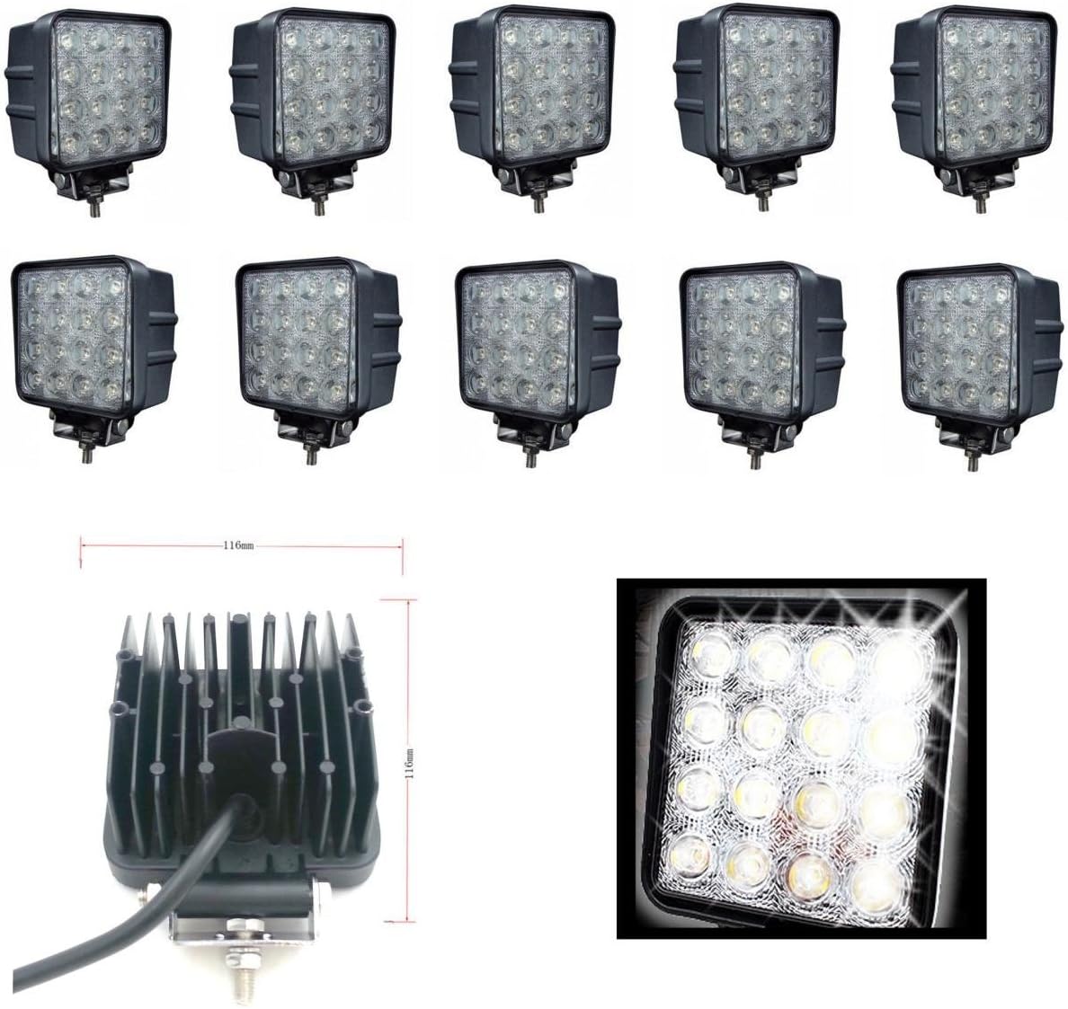 flexzon 10X 48W Square 16 LED 12V/24V LED work light spot beam lamp 4WD suv atv ip67 : Amazon.co ...
