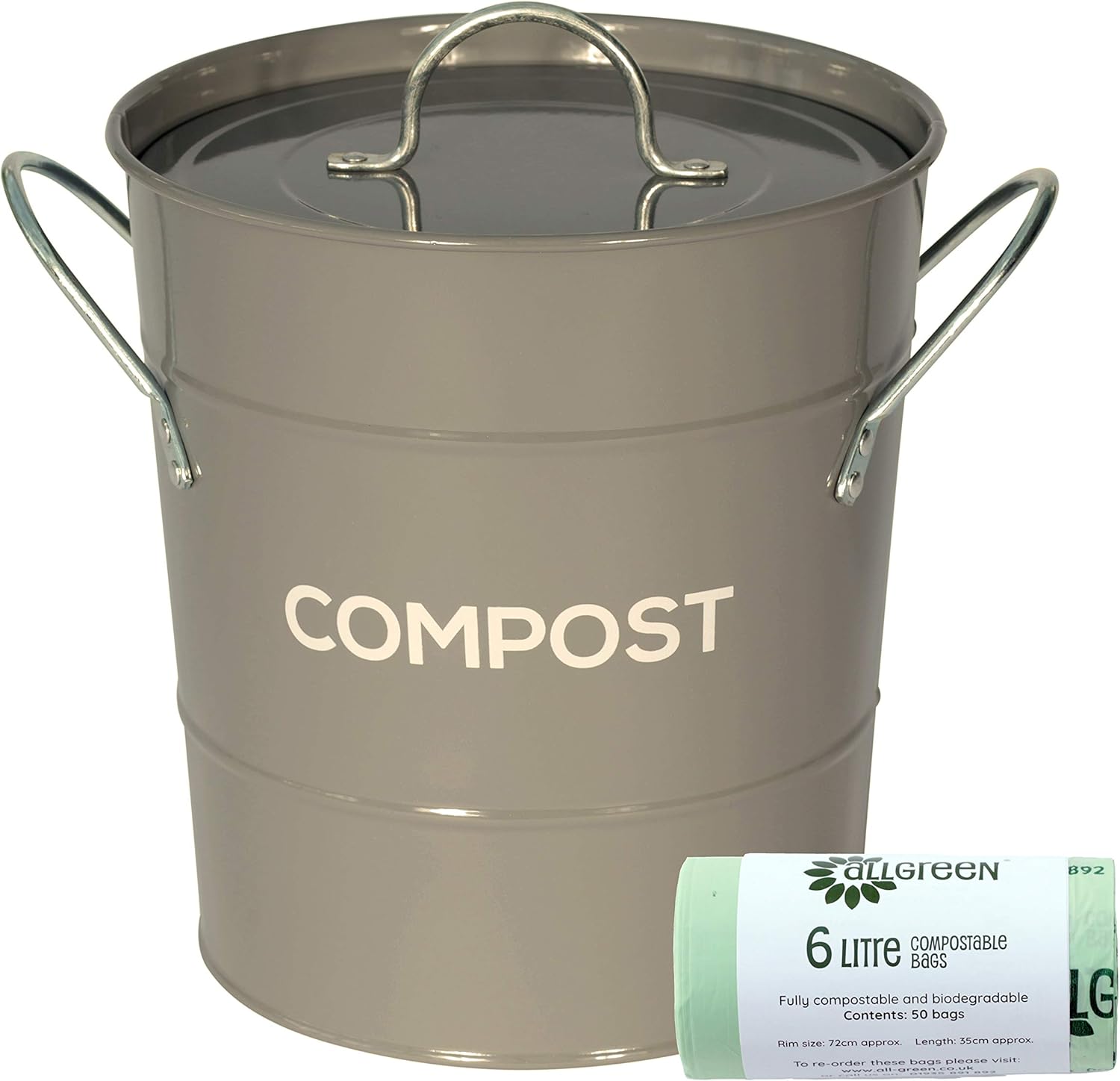 Dark Grey Metal Kitchen Compost Caddy & 50x All-Green Compostable Bags ...