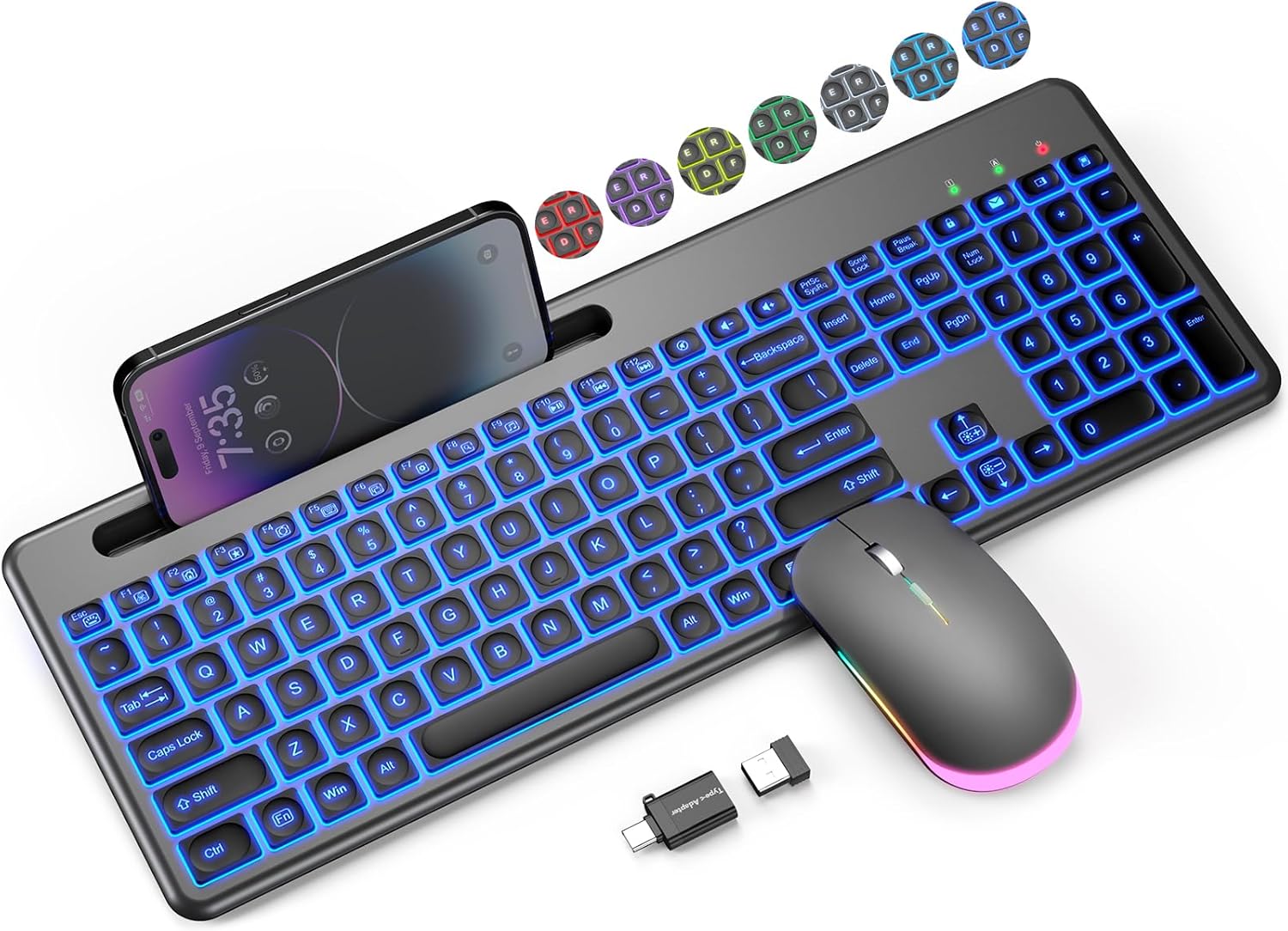 Amazon.com: Wireless Keyboard and Mouse Combo, 7 Backlit Effects, Phone ...