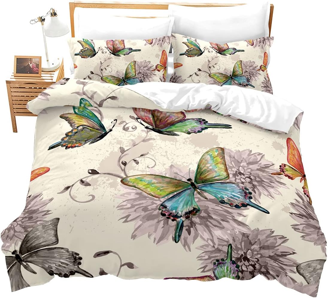 Butterfly Pattern Comforter Cover, Floral Bedding Set Colorful ...