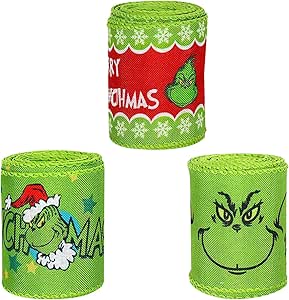 NAUZE 3Rolls 15Yards Christmas Wired Edge Ribbon Grinch Funny Cartoon ...