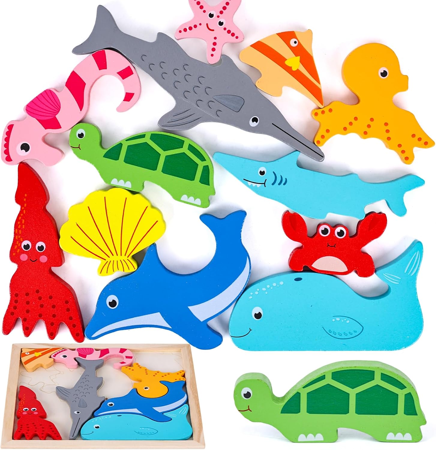 Amazon.com: LovesTown Wooden Sea Animal Stacking Puzzles, Chunky ...