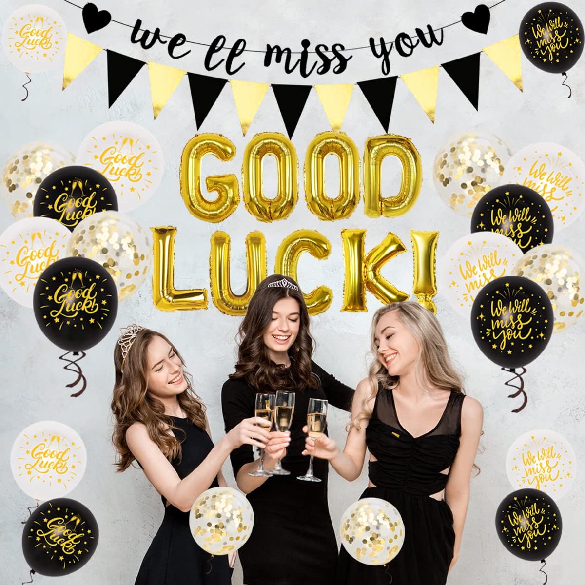 We Will Miss You Decorations Black and Gold Good Luck Banner Balloons ...