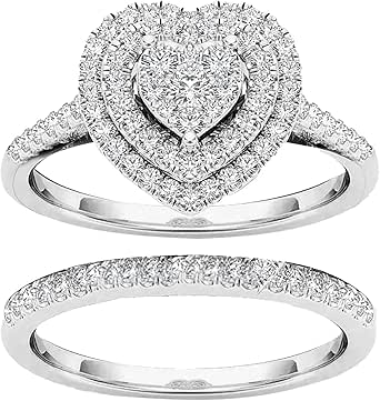 Amazon.com: Bridal Ring Set Heart Shaped Cubic Zirconia 925 Silver 2 ...