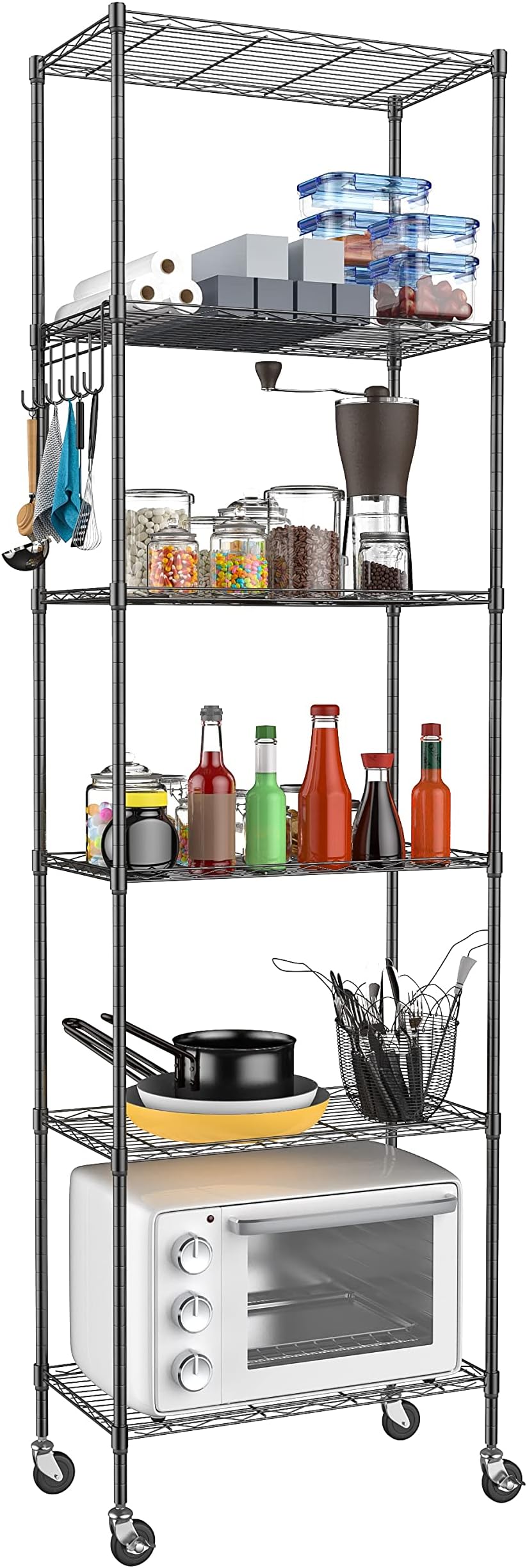BATHWA 6 Tier Standing Shelving Unit with Wheels Height Adjustable ...