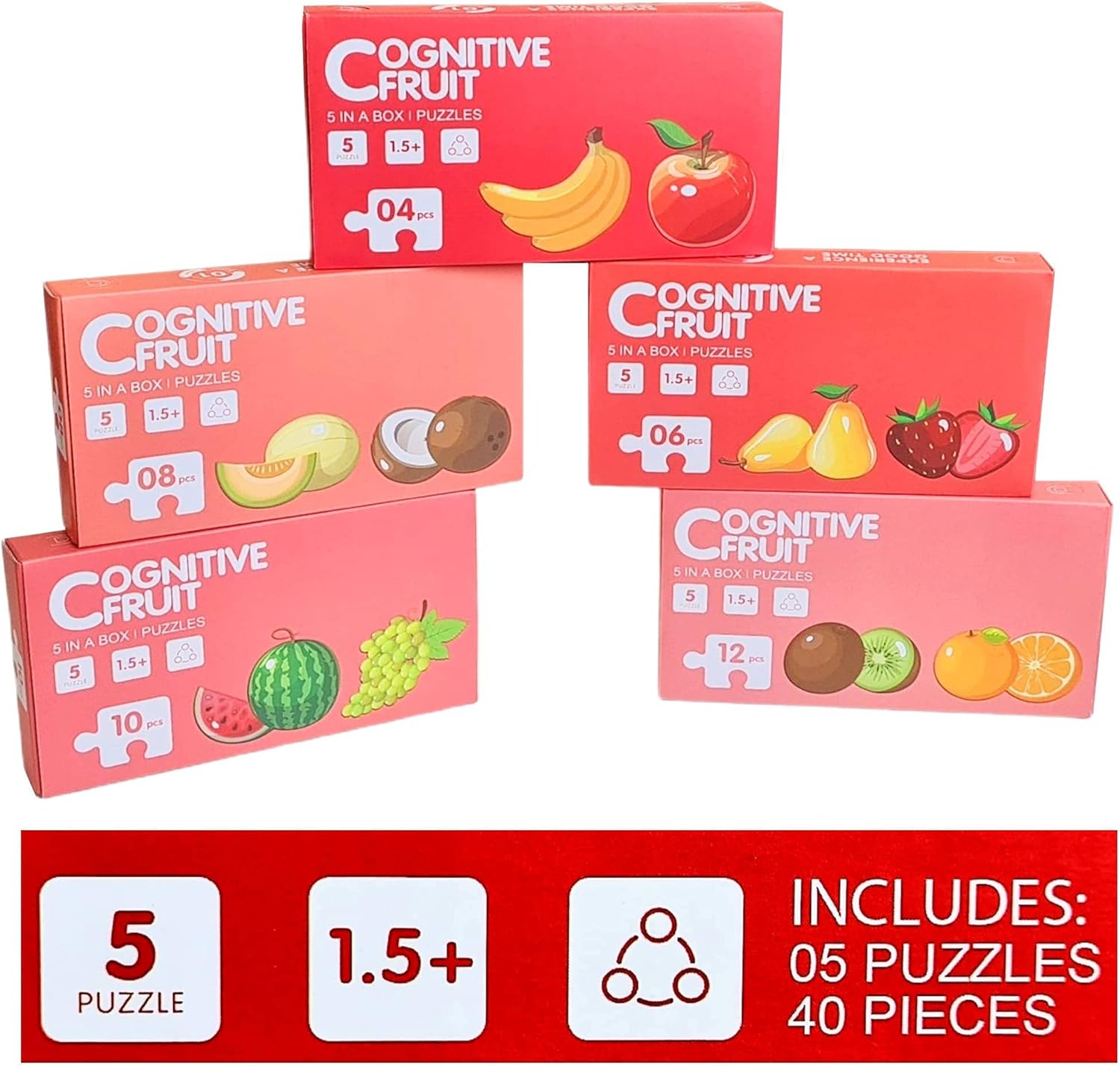 5 Fruit Puzzles in a box with Thick, Large Cardboard Pieces and Safe ...