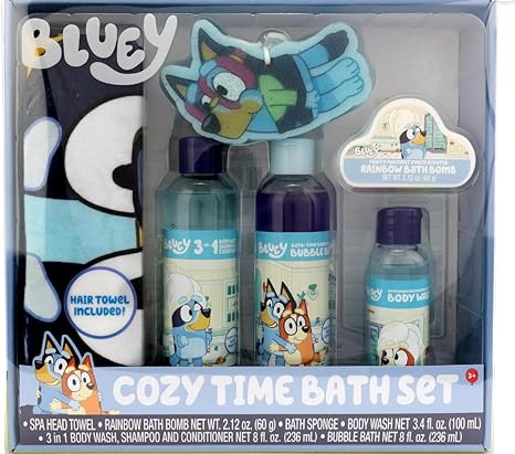 Amazon.com: Bluey Cozy Time Set: Hair Towel, Bubble Bath, Rainbow Bath ...