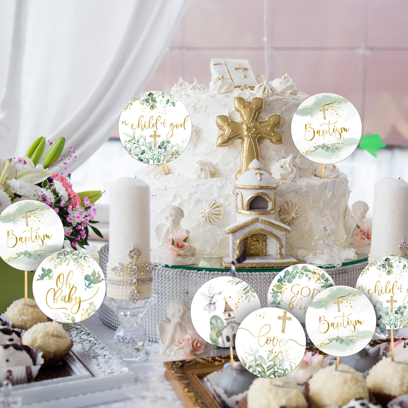 Snapklik.com : 48 Pcs Greenery Baptism Cupcake Toppers God Bless Cross ...