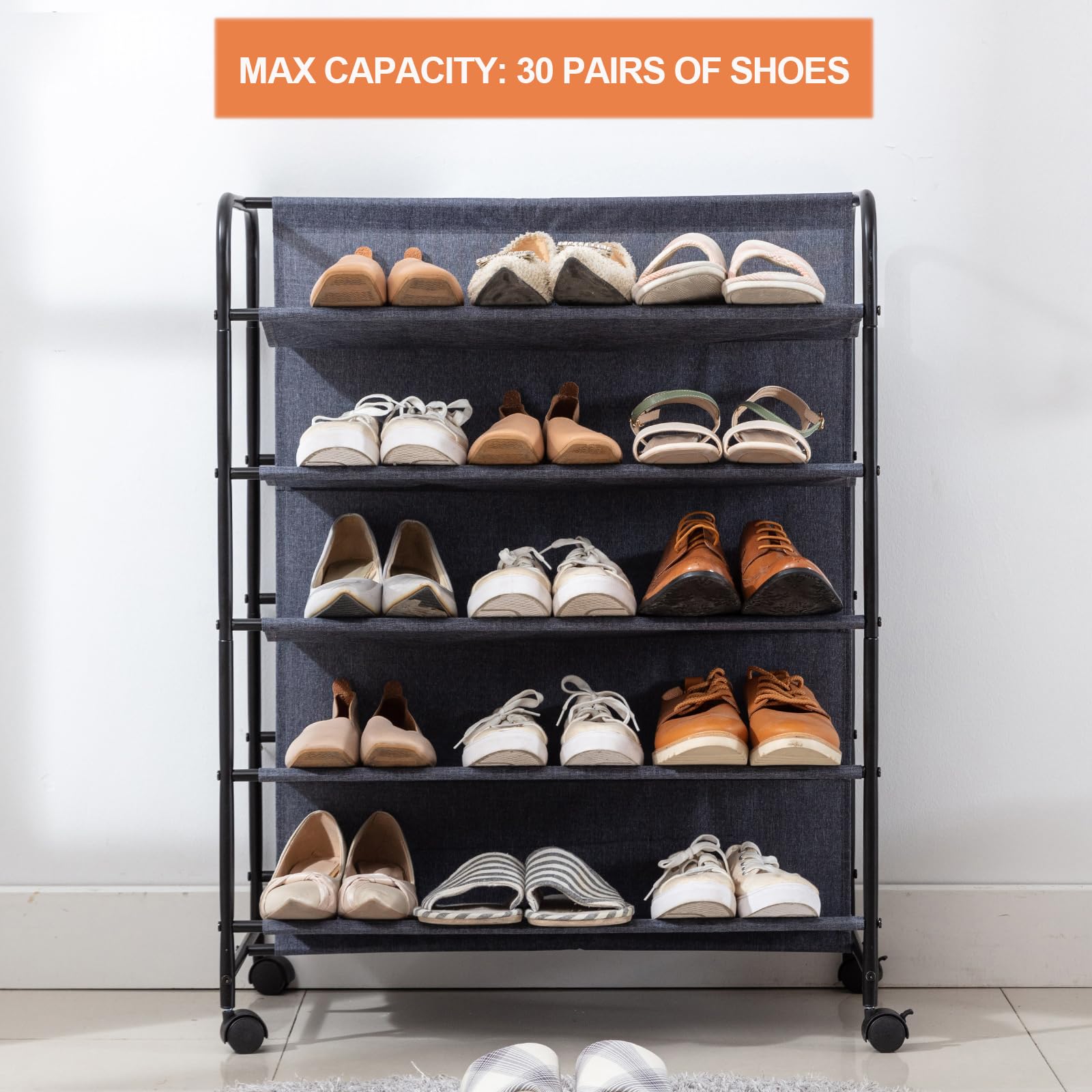 Shoe Rack with Wheels, Double Capacity Rolling Shoe Rack Organizer Up ...