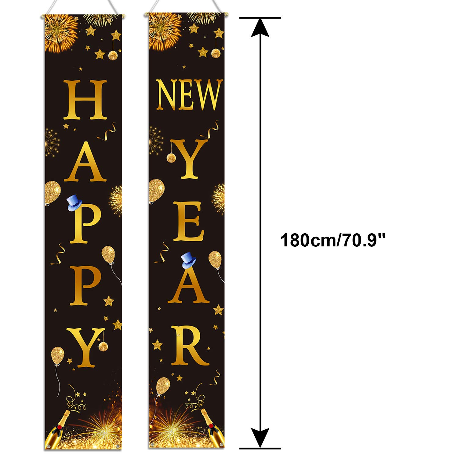 HOWAF Happy New Year Door Banners Black Gold New Year Door Porch Sign ...