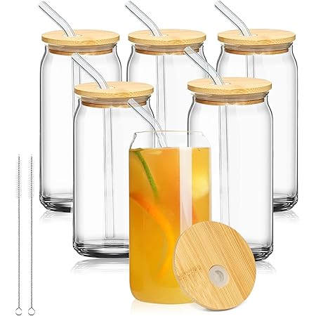 Amazon.com | [ 6pcs Set ] Glass Cups with Bamboo Lids and Glass Straw ...