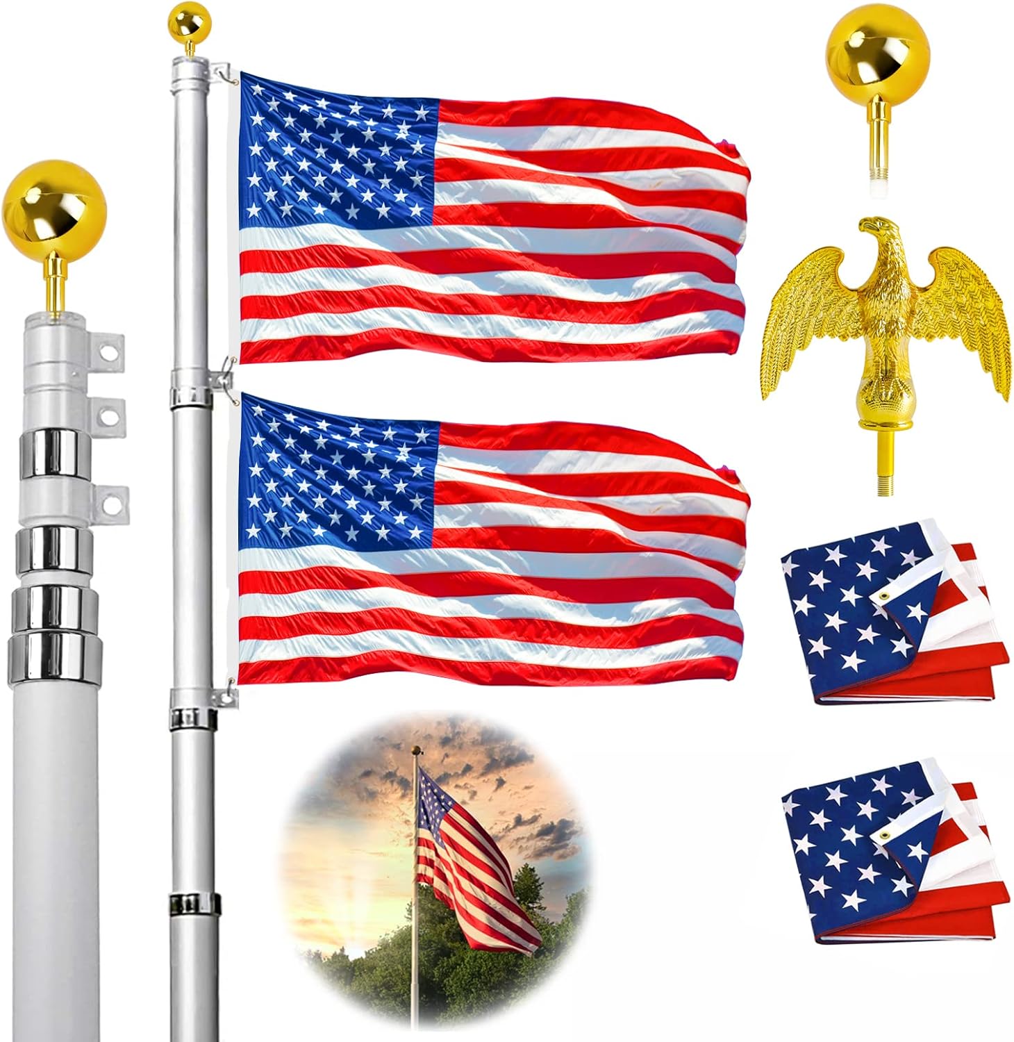 Amazon.com : Hooomyai 20FT Aluminum Telescopic Flag Pole Kit Heavy Duty Telescoping Flagpole ...