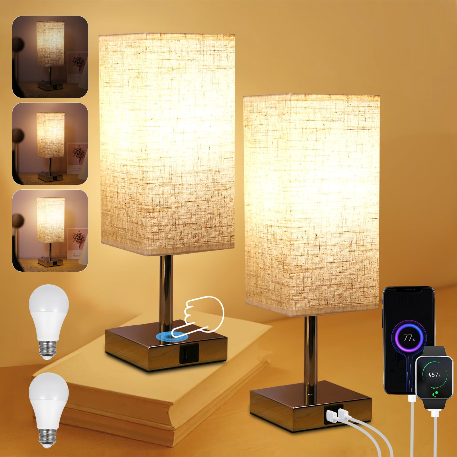 Aooshine Bedside Lamps Set of 2 Touch Table Lamps with USB-C USB-A ...
