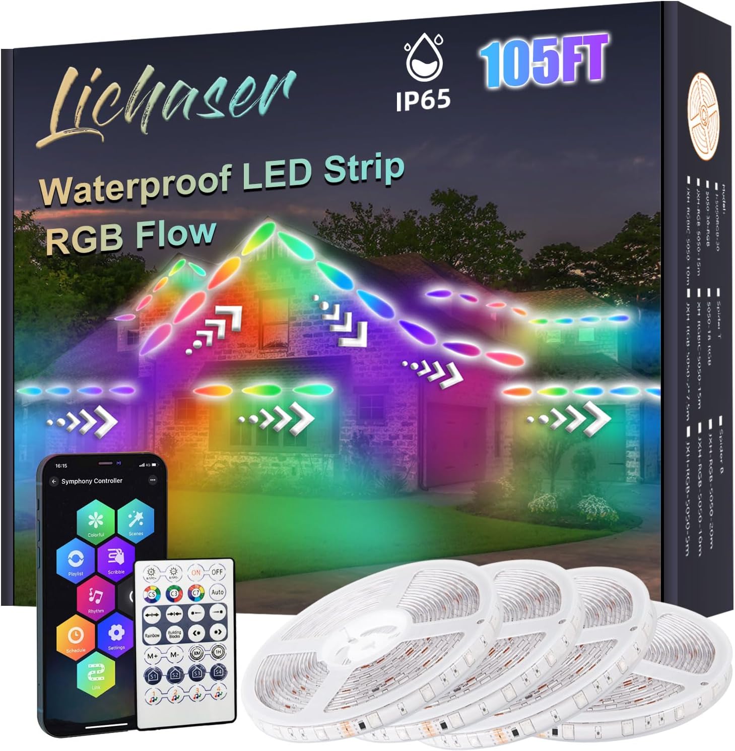 Lichaser RGB+IC Ruban LED Exterieur Etanche, Segmentée, IP65 RGB Flow Lumiere LED Exterieur ...