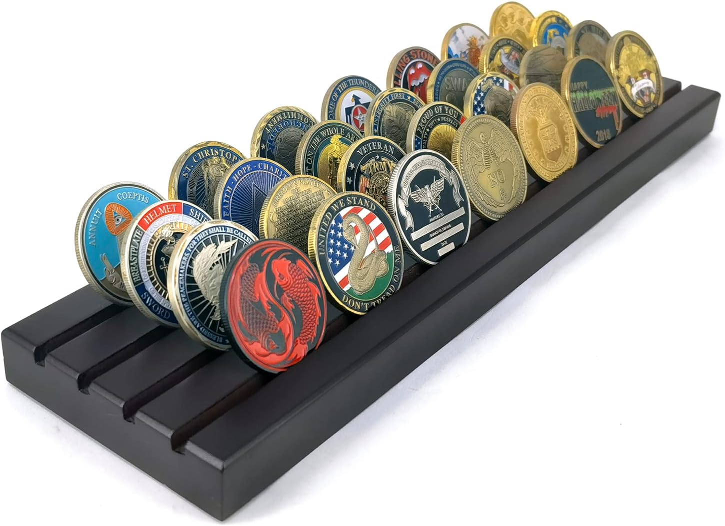 Joygulls 4 Row Military Coin Holder, Holds 32-36 Coins, Wooden Stand ...