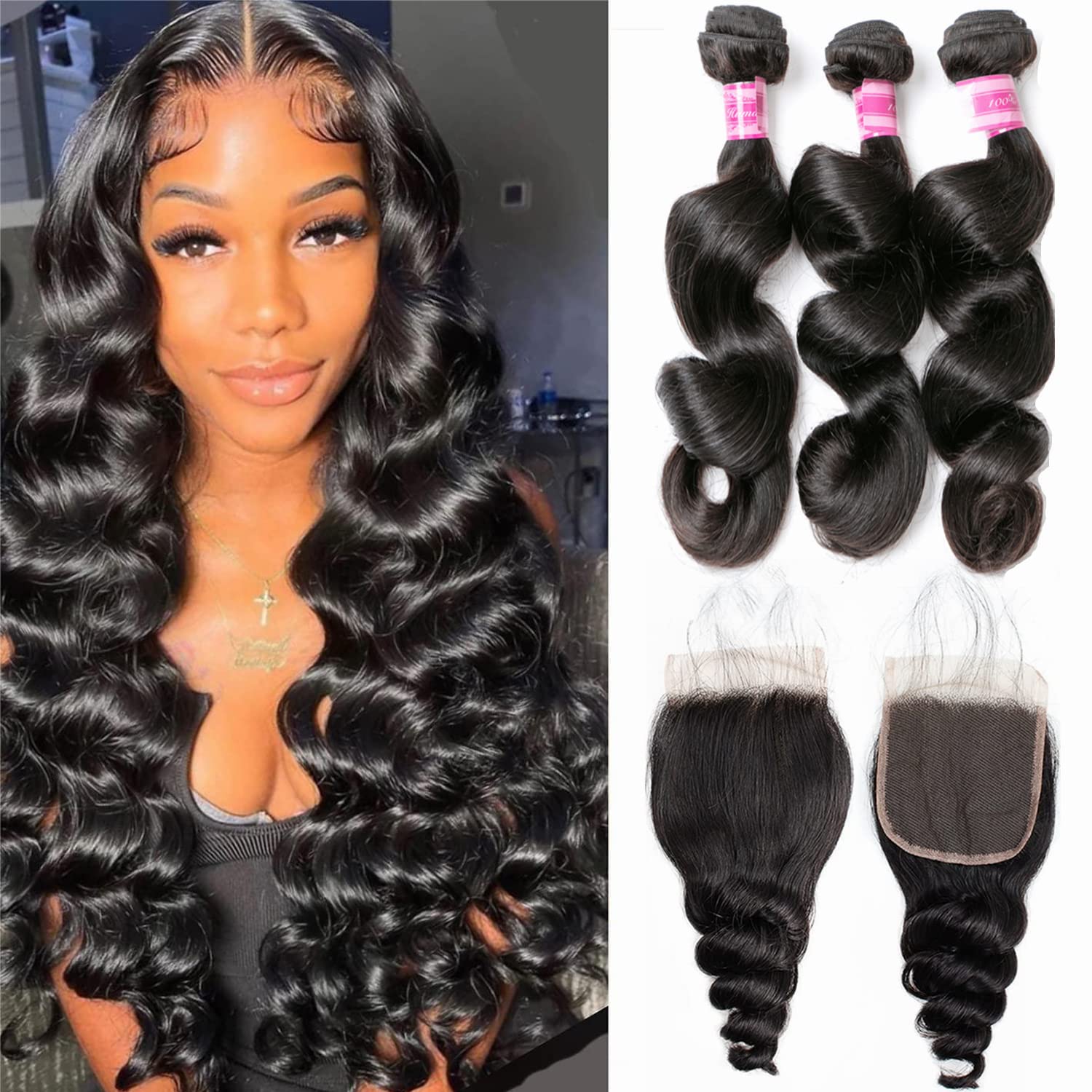 Amazon.com : Loose Wave Bundles with Closure Unprocessed Brazilian ...