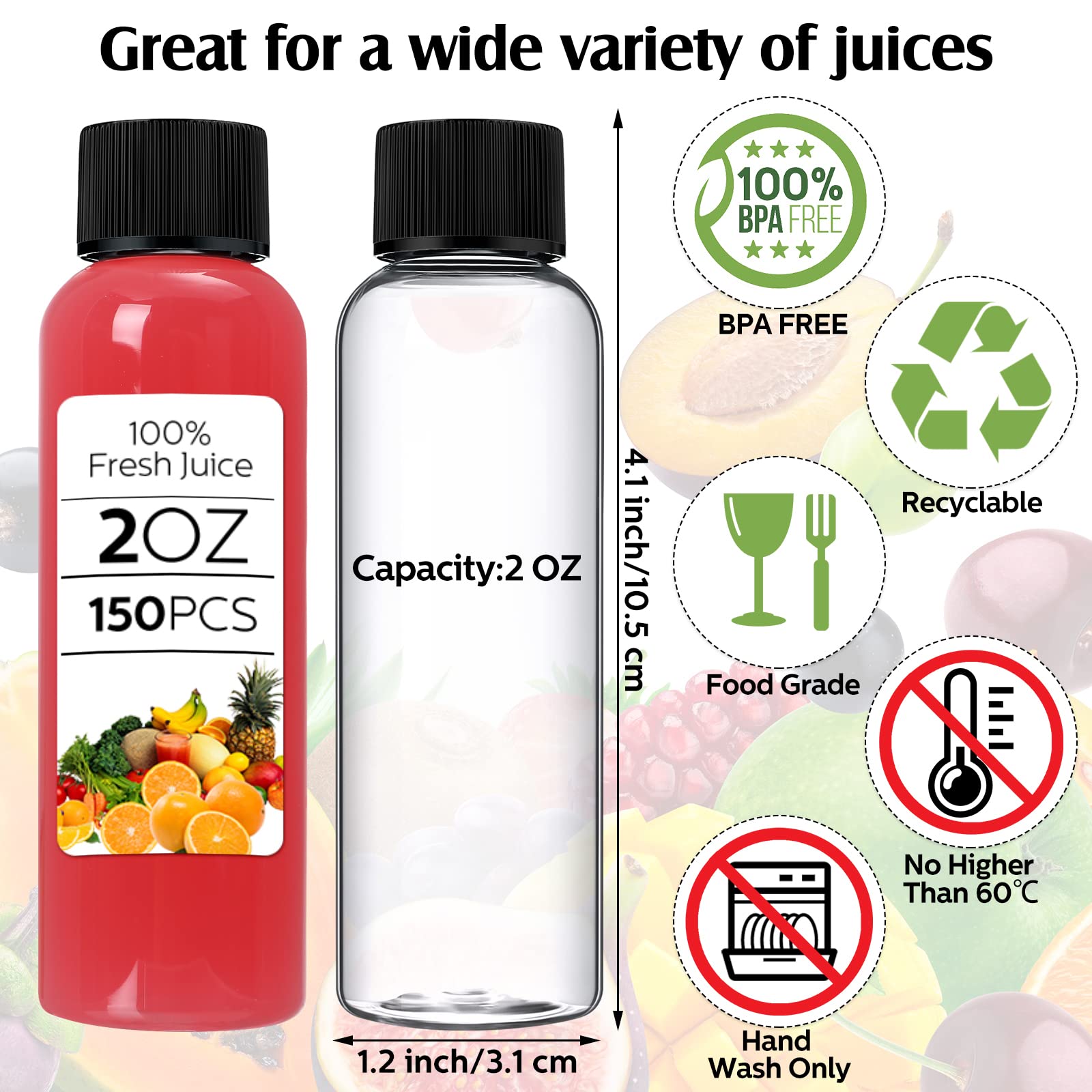 150 Pcs 2oz Clear Plastic Bottles Mini Juice Bottle with Black Screw ...