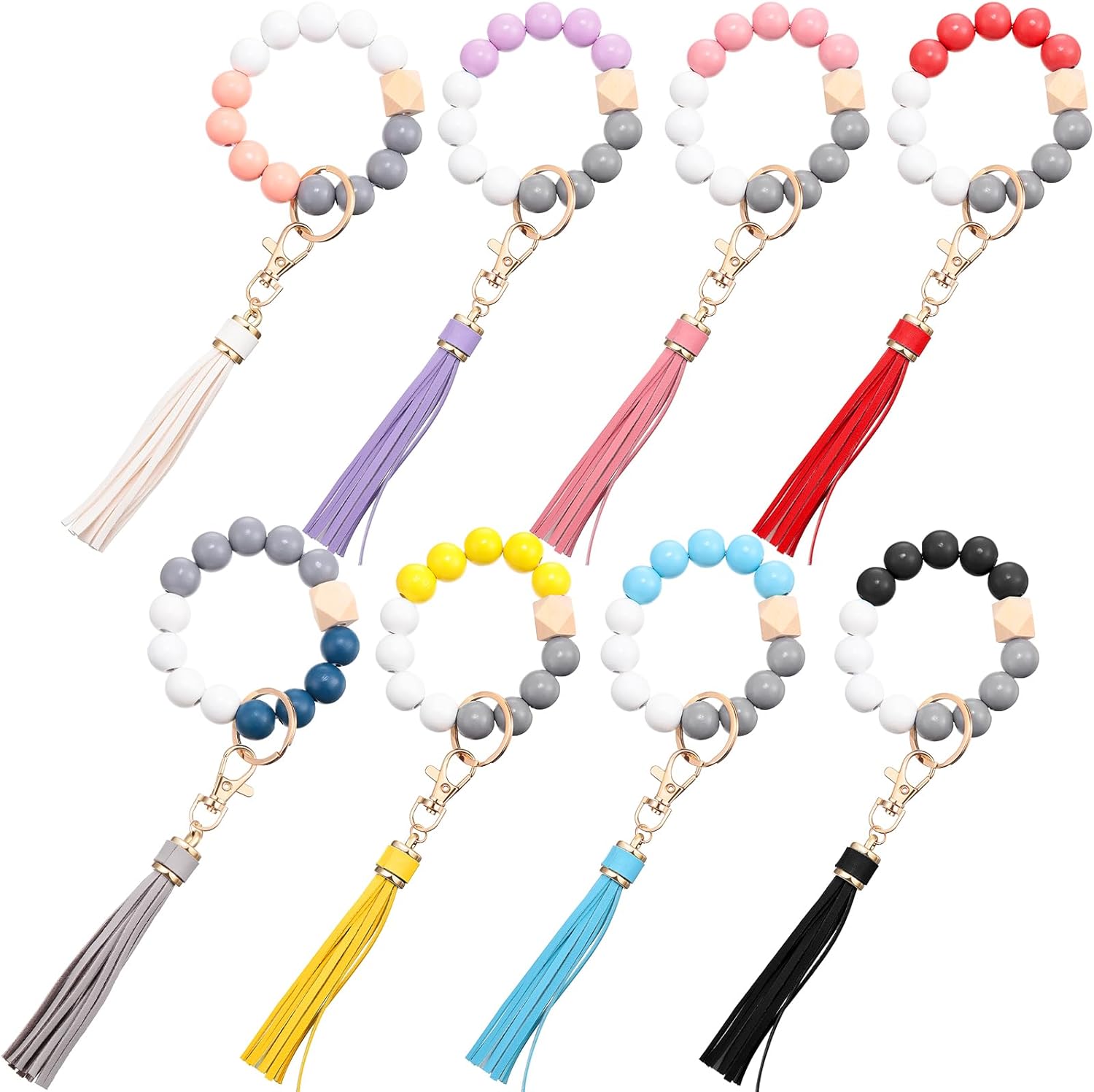 Misdary 8 Pcs Key Ring Bracelet with PU Leather Tassel Wood Bead Key ...