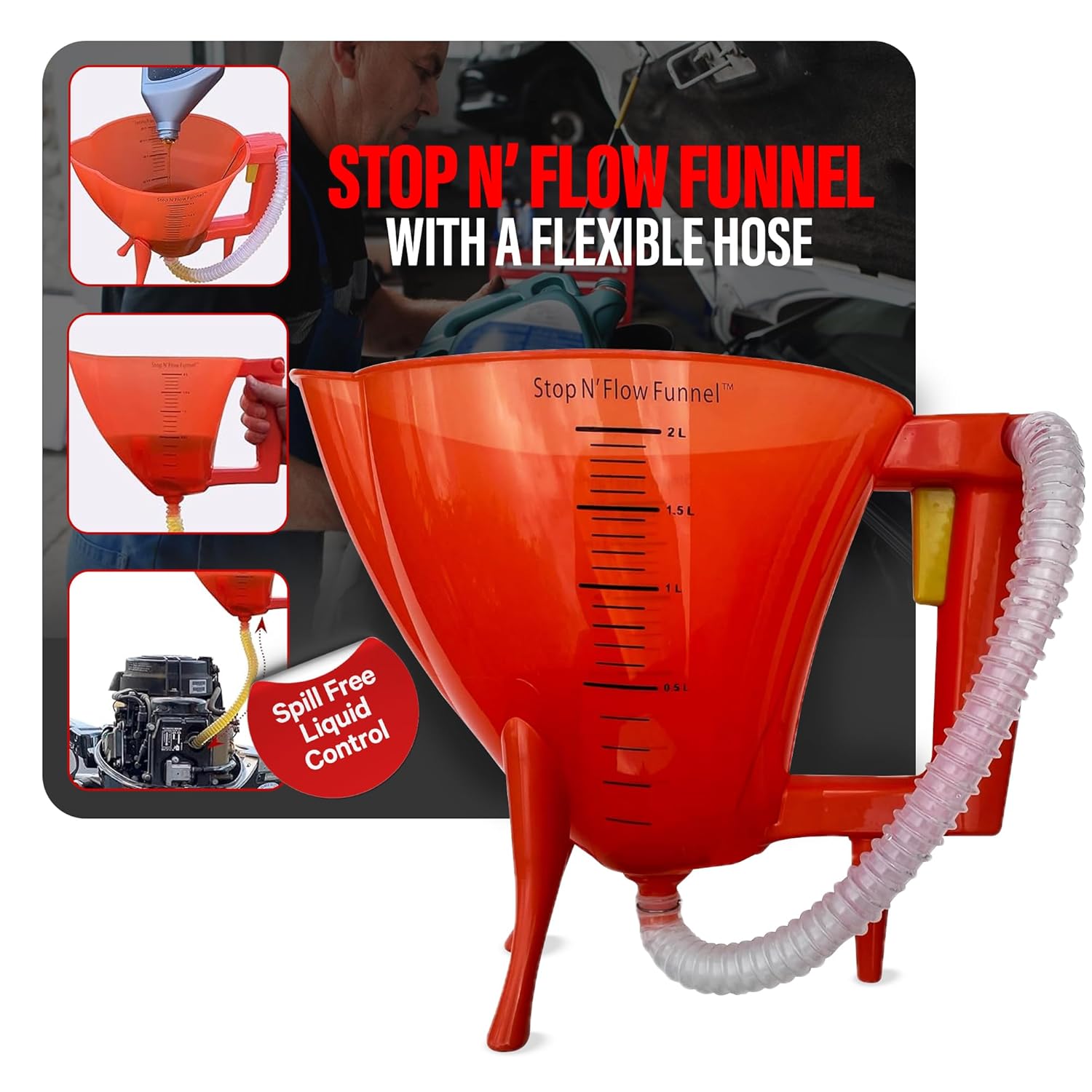 Stop N' Flow Funnel with Flexible Hose, Spill Free Liquid Control ...