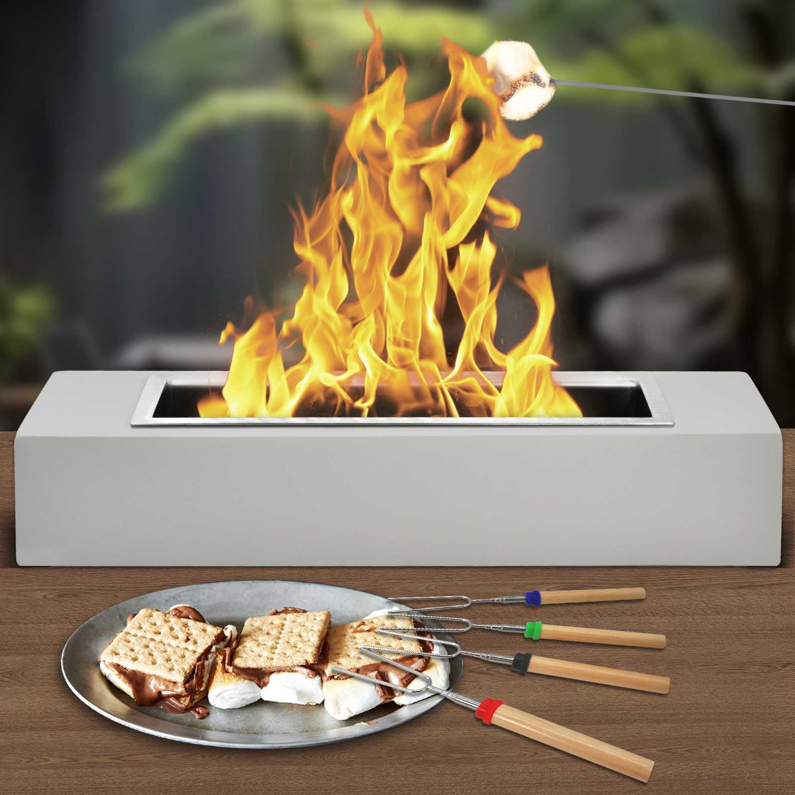 Zhenx 18" L Rectangle Tabletop Fire Pit with 4 Roasting Sticks, Indoor ...