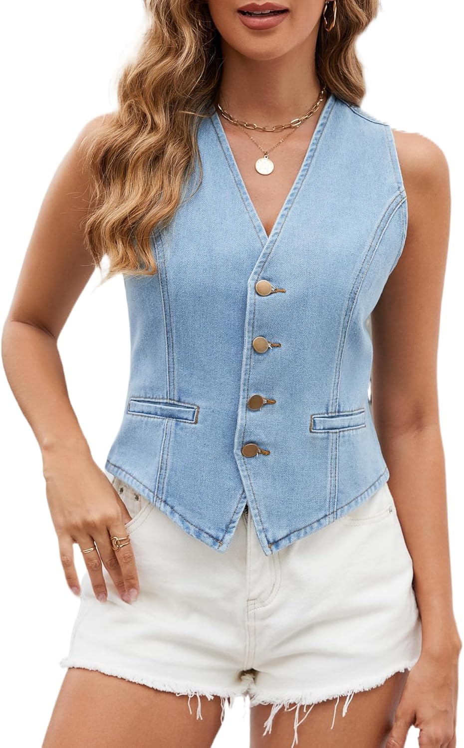Amazon.com: Ladyful Denim Vest Top for Women V Neck Jean Waistcoat Vest Button Down Sleeveless ...