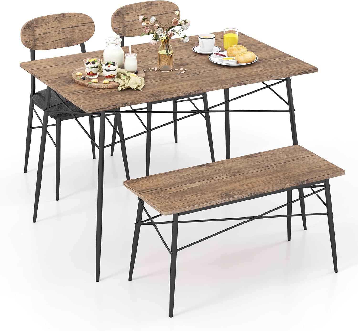 COSTWAY Dining Table and 2 Chair Set with 1 Bench, 4 Pieces Gathering ...