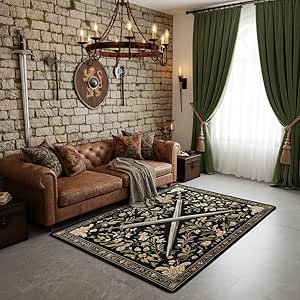 Amazon.com: Medieval Style Swords Area Rug Country Rustic Flowers Non ...