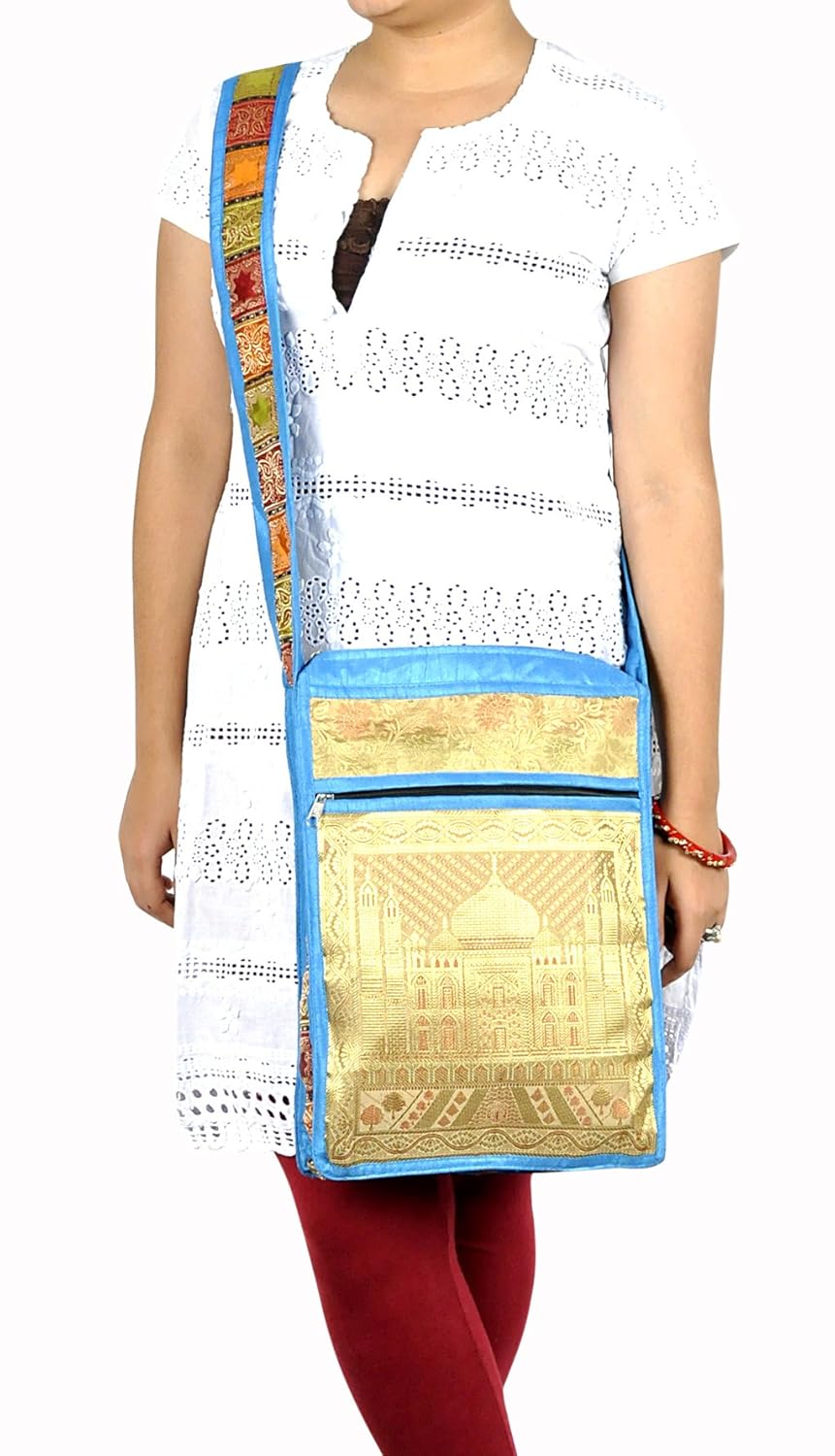 Lalhaveli Women's Taj Mahal Design Silk Cross Body Hippie Bag (Blue, 10 ...