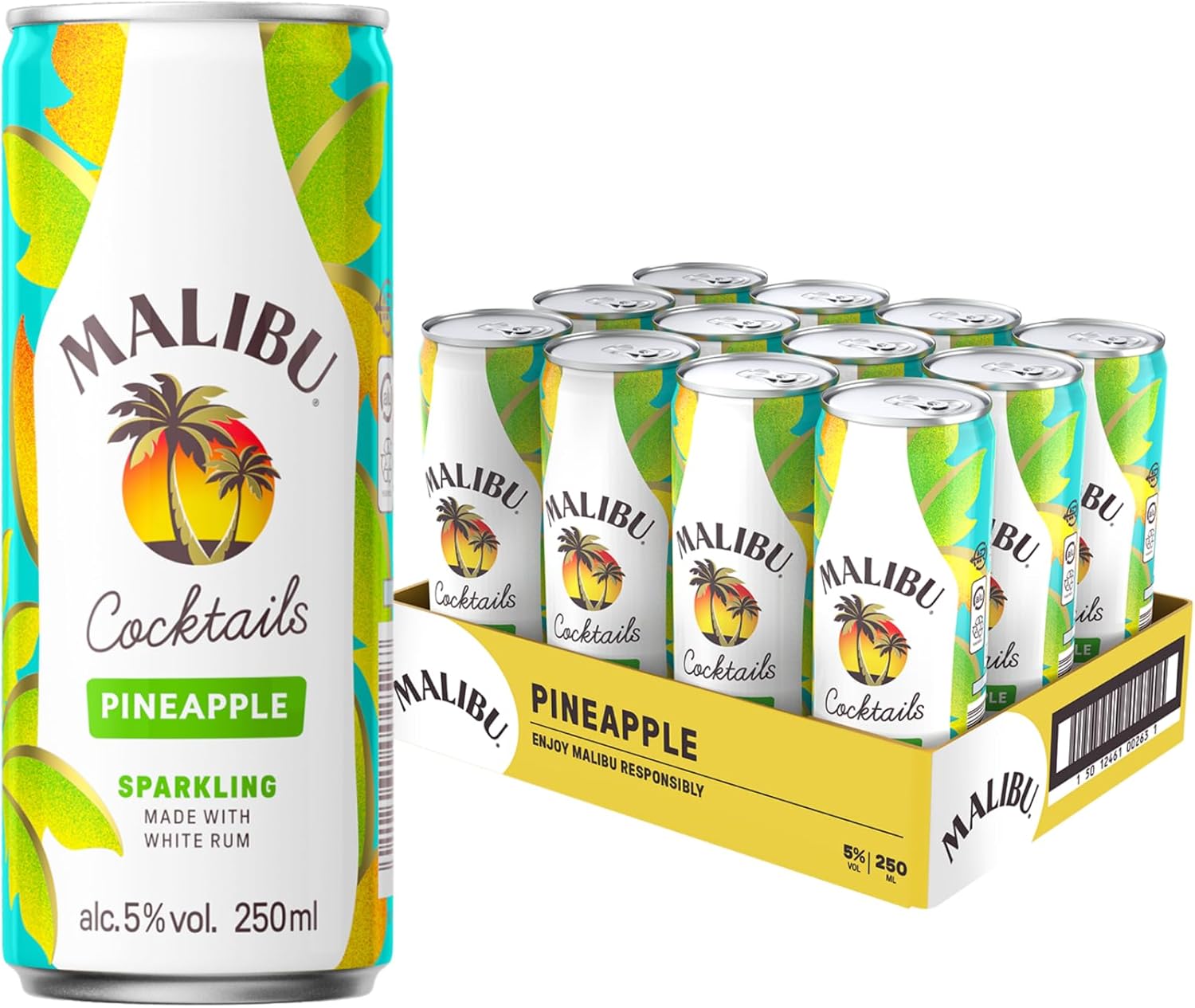 Malibu Sparkling Rum Cocktail - Coconut & Pineapple Flavour Pre-Mixed ...