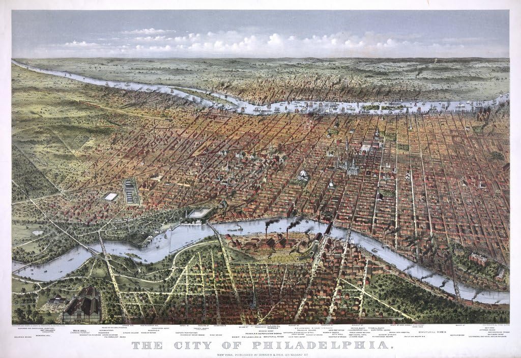 Philadelphia Historic Map, The City of Philadelphia from Above, c1875