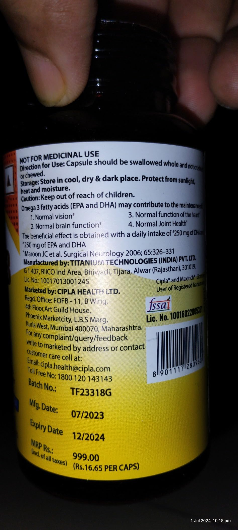 Cipla Maxirich Omega 3 | Super Strength Capsule | EPA 500mg | DHA 350mg ...