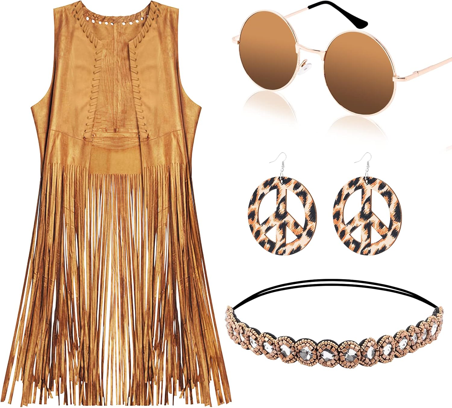 4 Pieces Women Hippie Costume Set, 70s Fancy Dress Hippy Set with ...