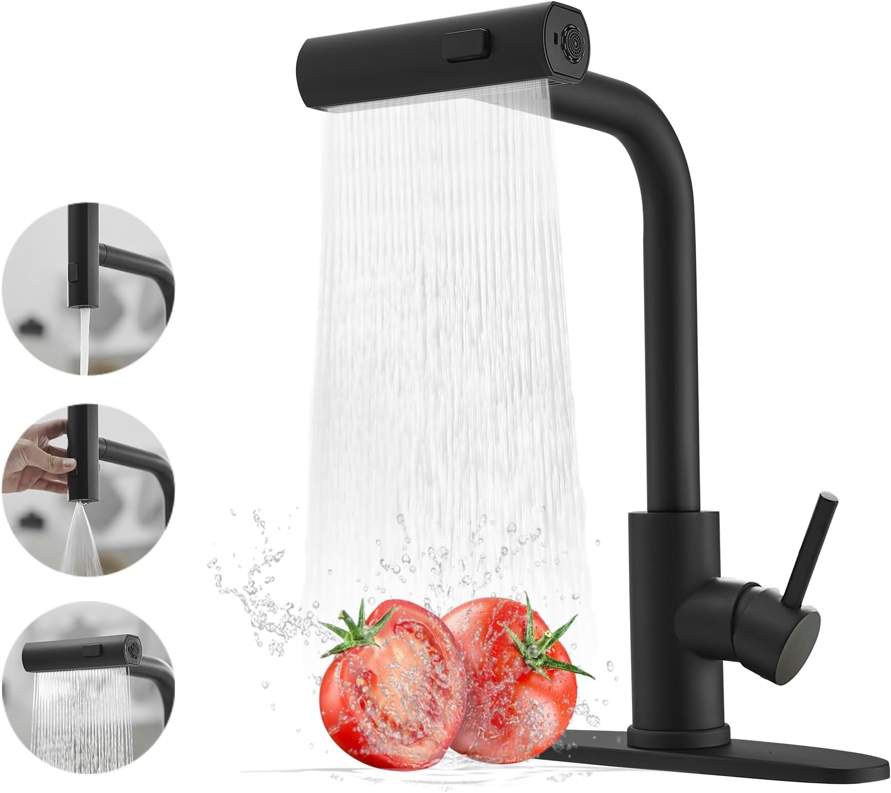 Waterfall Kitchen Sink Faucet with Pull Down Sprayer, 3 Modes(Sweep ...