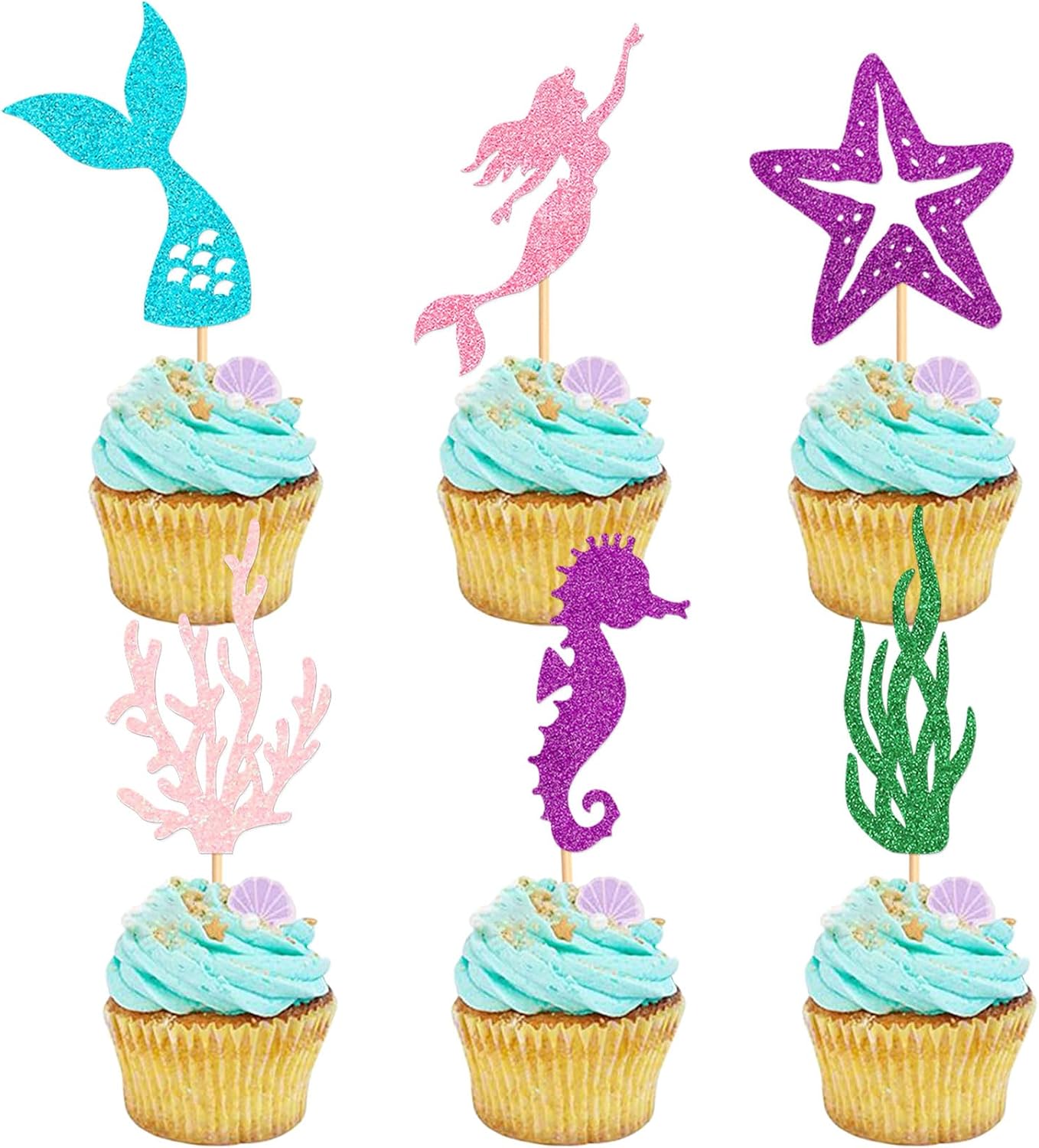 Amazon.com: 36Pcs Glitter Colorful Mermaid Cupcake Toppers Coral Water ...