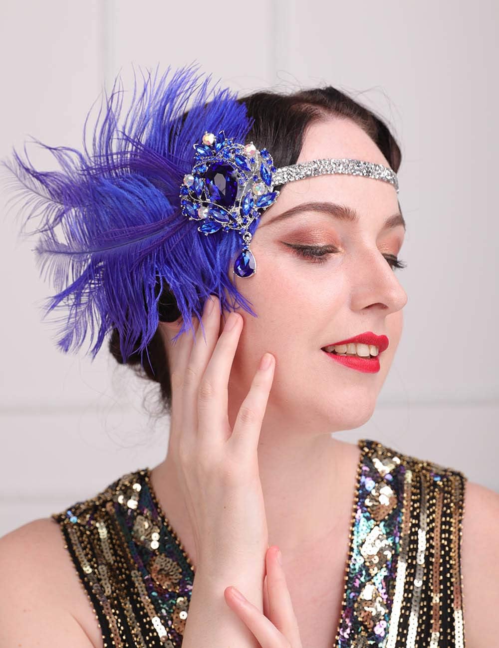 Anglacesmade 1920s Flapper Feather Headband Royal Blue Sapphire Great ...