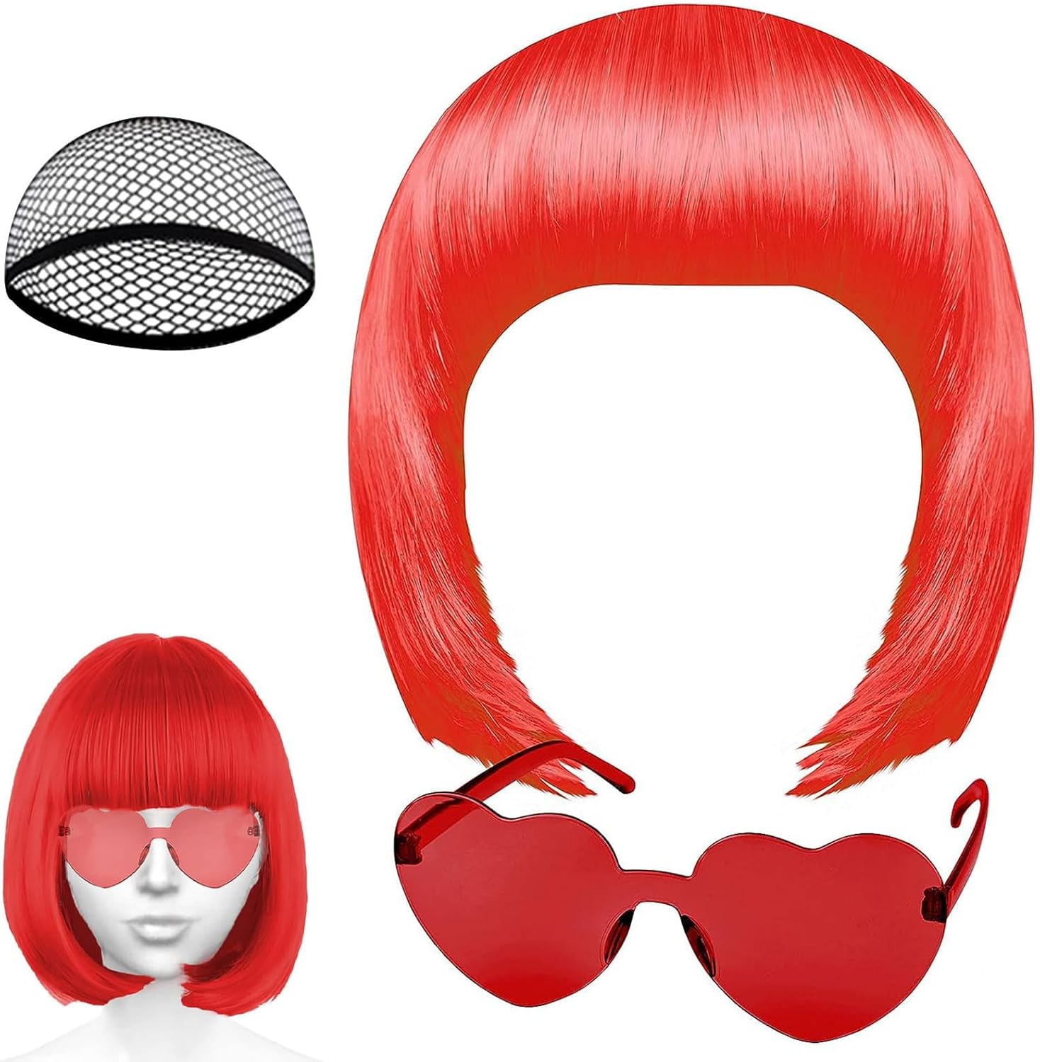 ZNDFTW Red Wig, Red Short Bob Wig and Sunglass Set, Neon Short Bob Wig ...