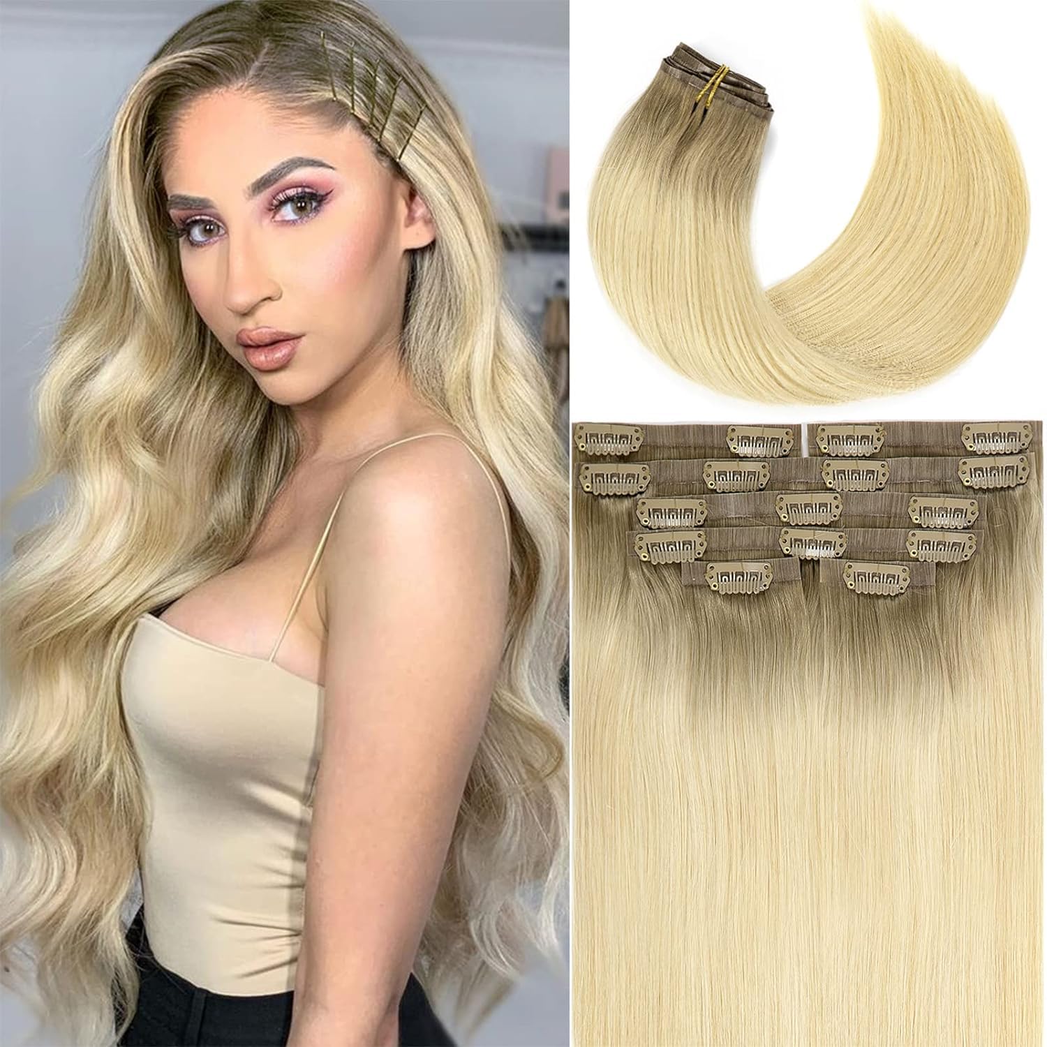 Amazon.com : Lacer Glam Seamless Clip in Hair Extensions 20 Inch Rooted ...