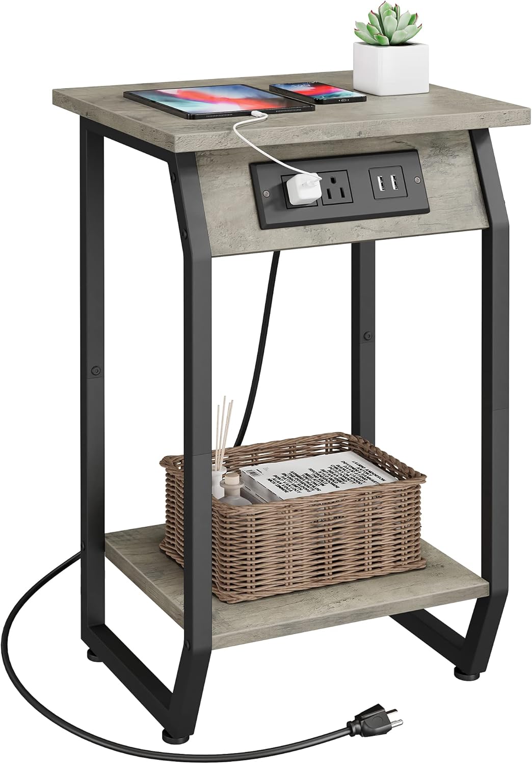Amazon.com: IDEALHOUSE Side Table with Charging Station, Grey End Table ...
