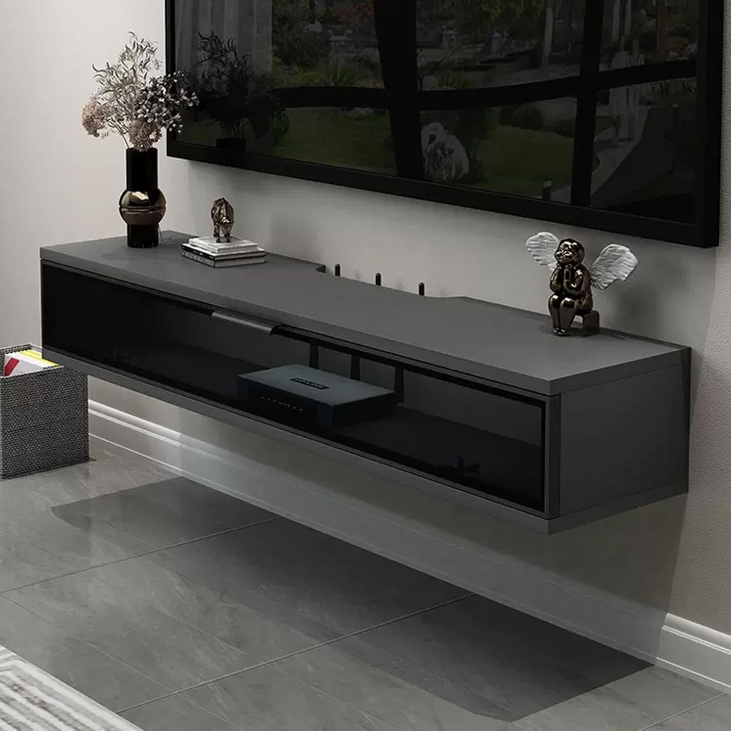Floating Gray TV Console with Flip Glass Door Small TV Stand for ...