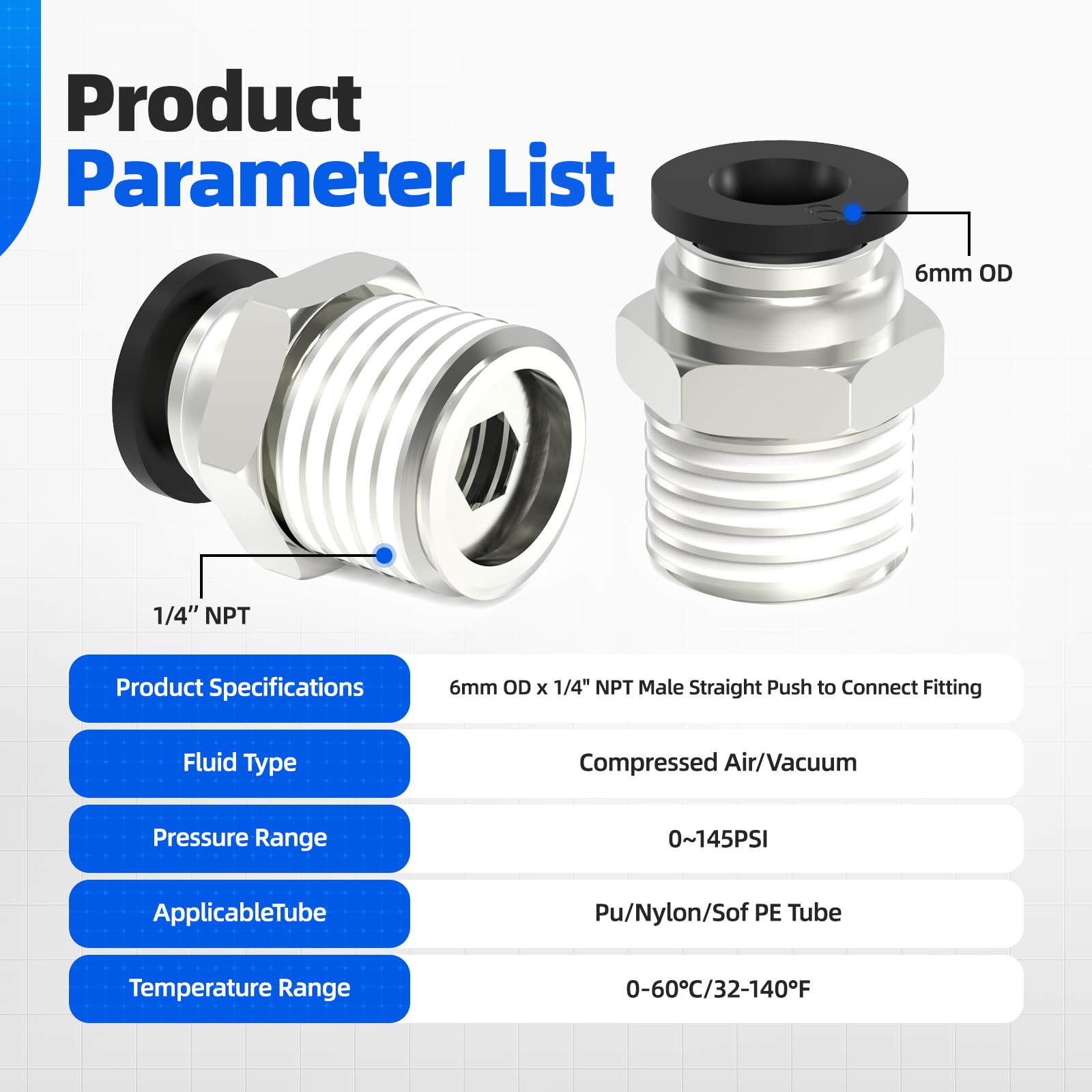 Snapklik.com : Push To Connect Fittings, 6mm Tube OD X 1/4 Inch NPT ...