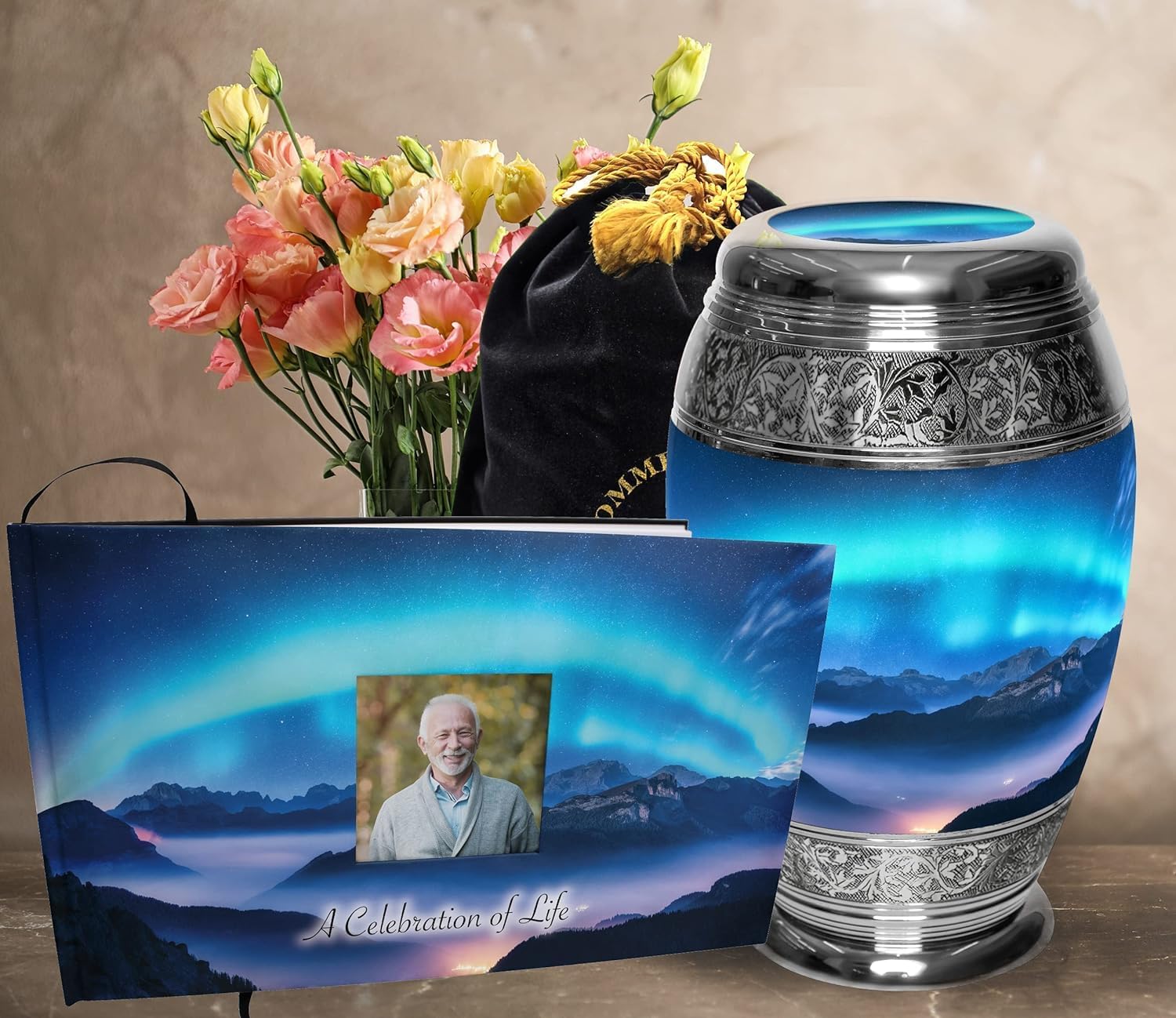 Amazon.com: Large Aurora Borealis Urn & Matching Funeral Guest Book ...