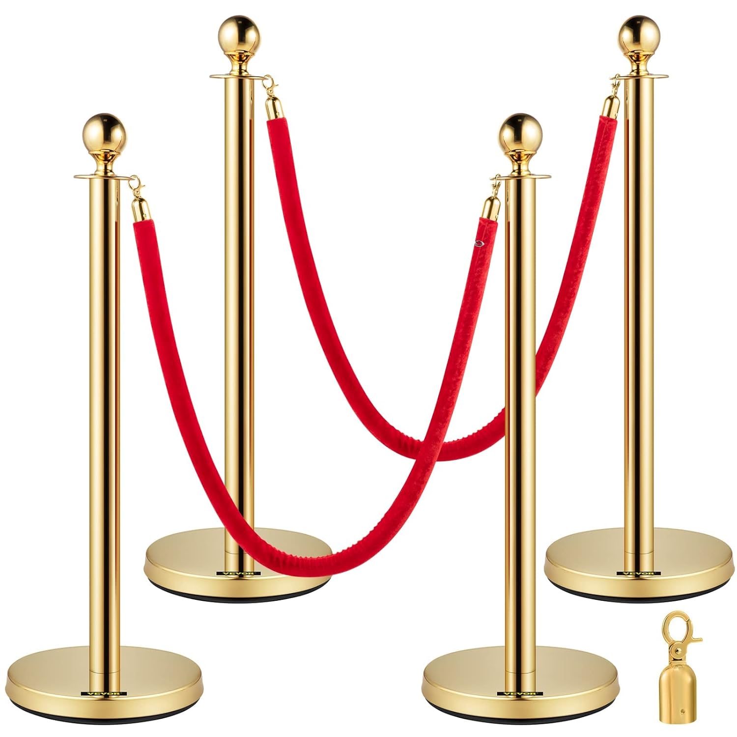 VEVOR 4Packs Gold Stainless Steel Stanchion Posts Queue, 2 Red Velvet ...