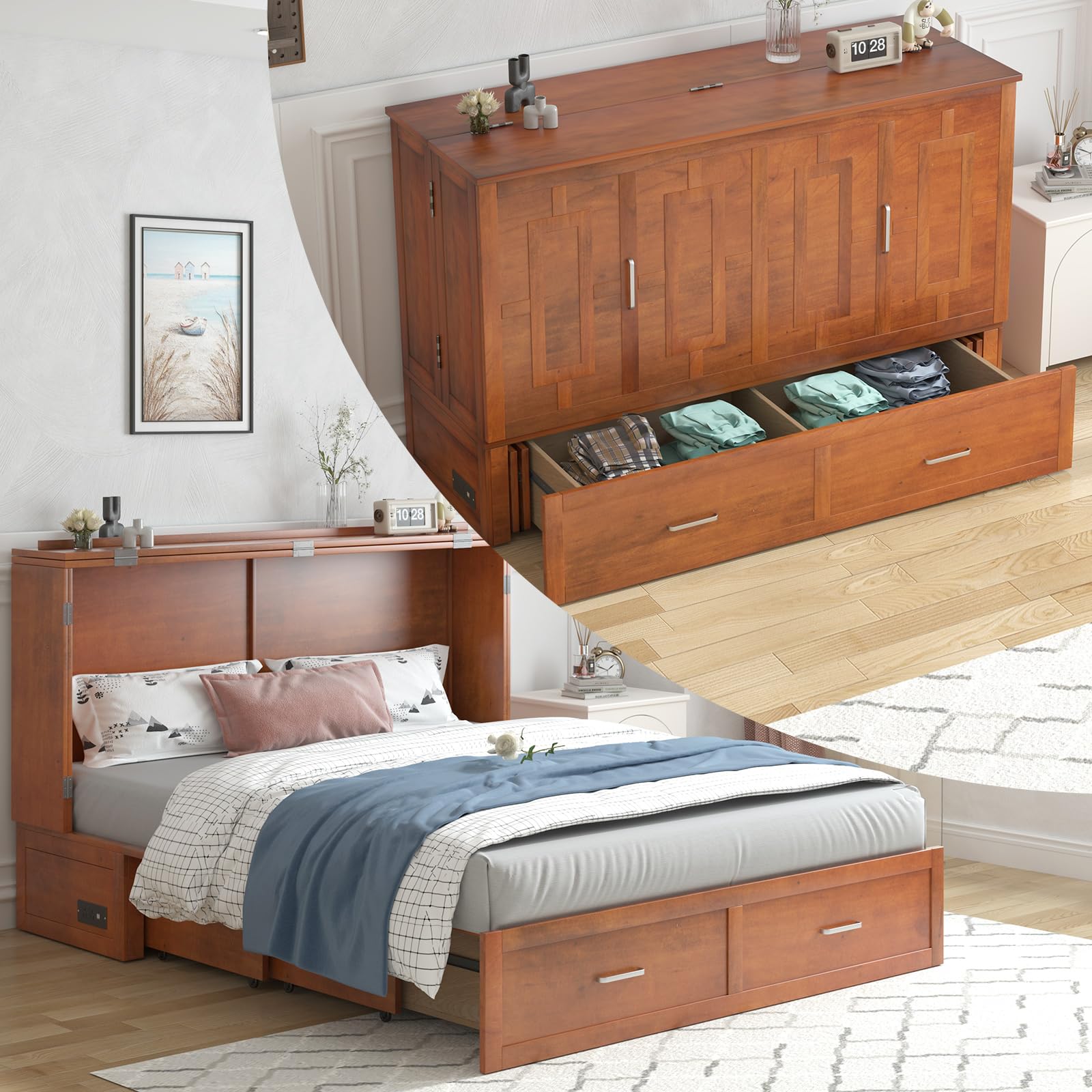 Amazon.com: PUREMIND Murphy Cabinet Bed with Folding Mattress, Queen Size Murphy Bed with USB ...