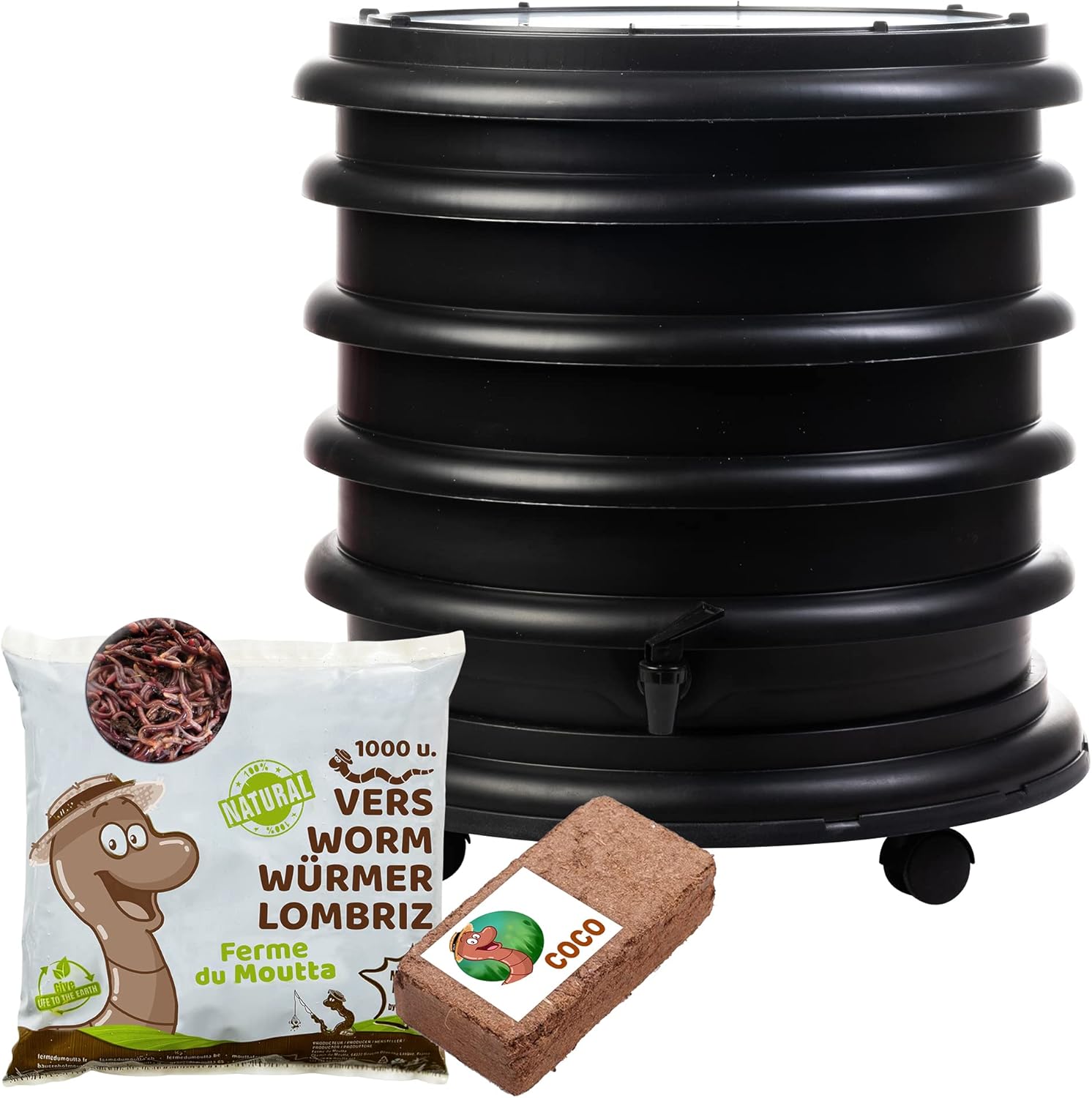 WORMbox | Lombricomposteur 3 Plateaux Noir + 500gr de vers de Compost ...